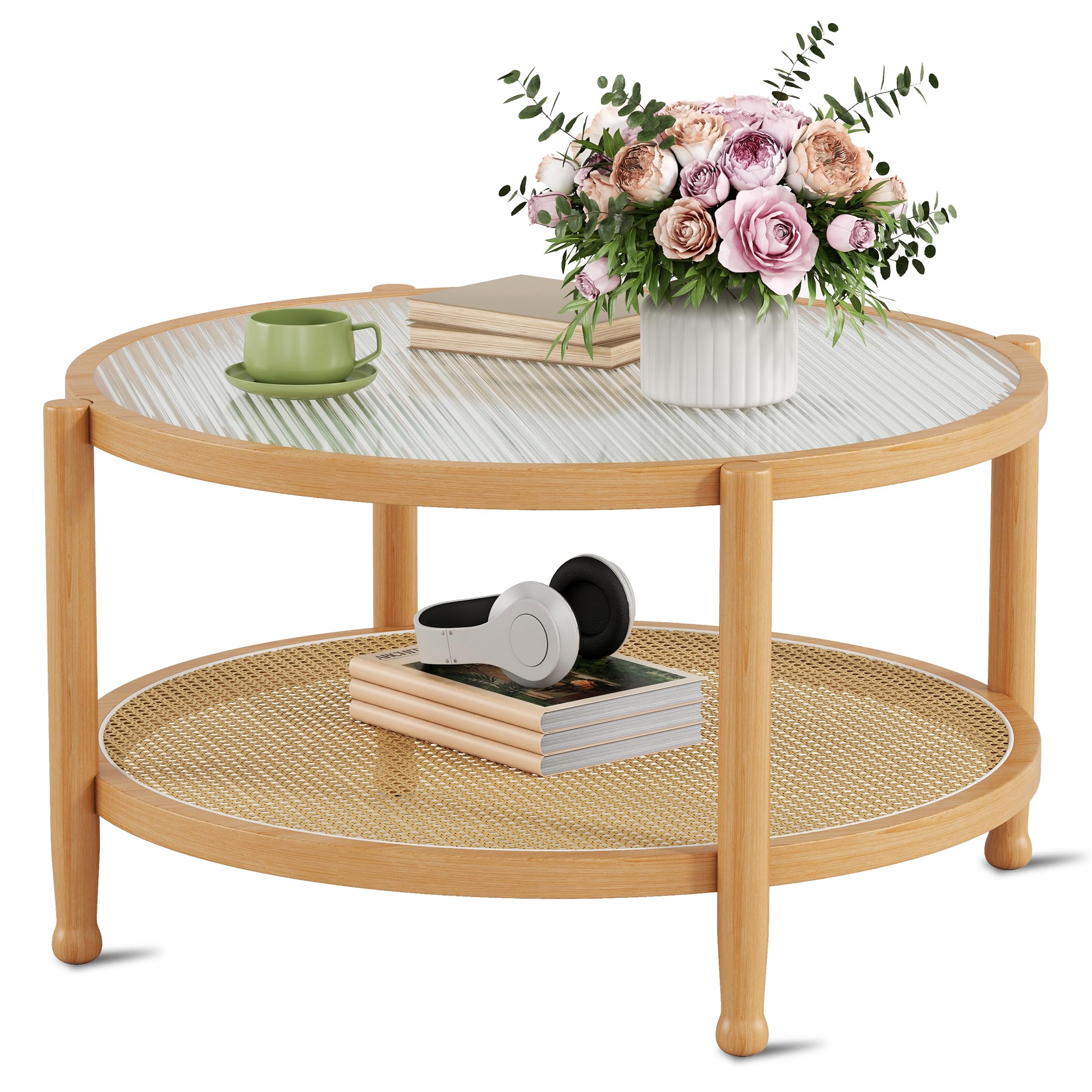 Amazon.com: Saylike Rattan Round Coffee Table for Living Room, 32" Boho ...