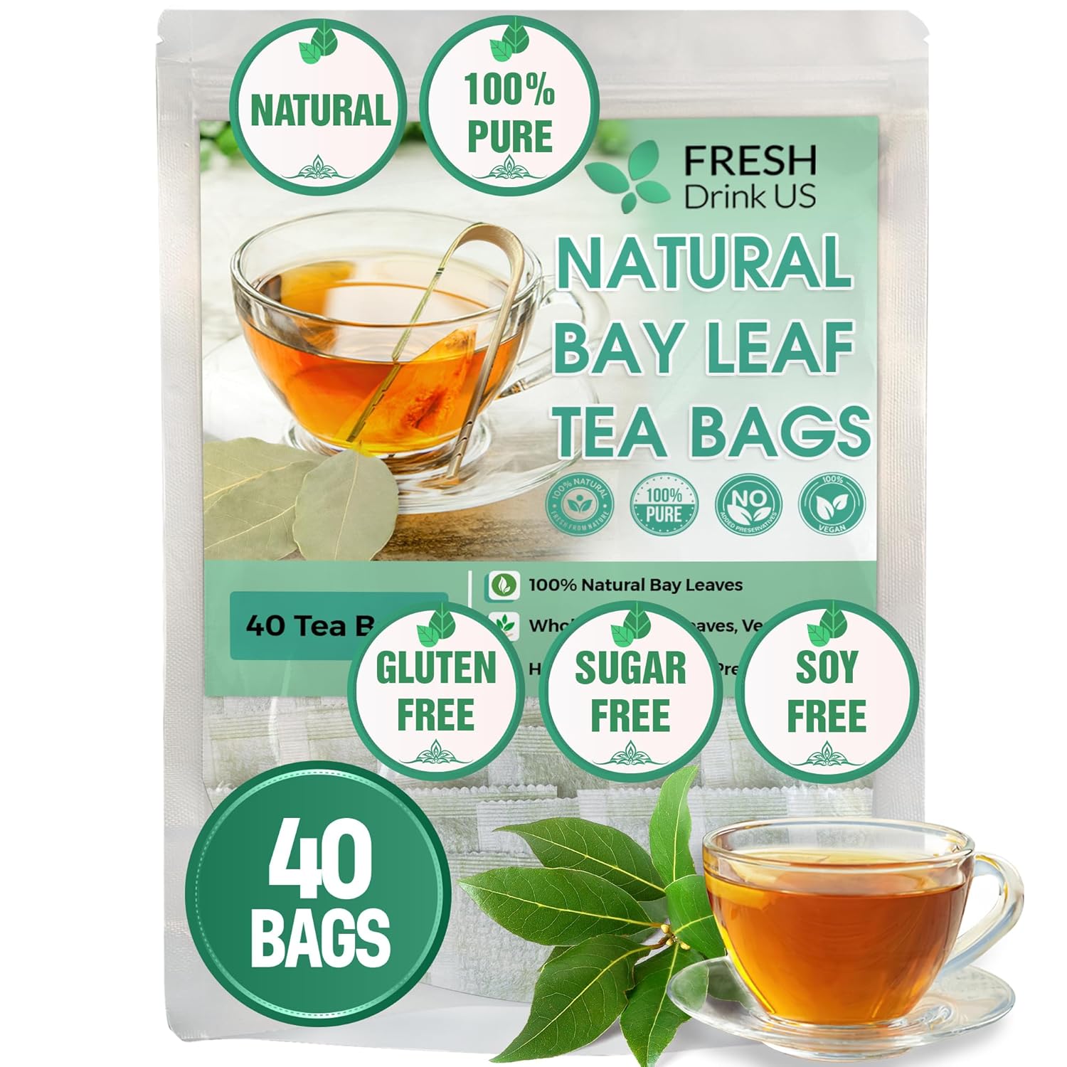 Amazon.com : FreshDrinkUS, Premium 40 Bay Leaf Tea Bags, 100% Natural ...
