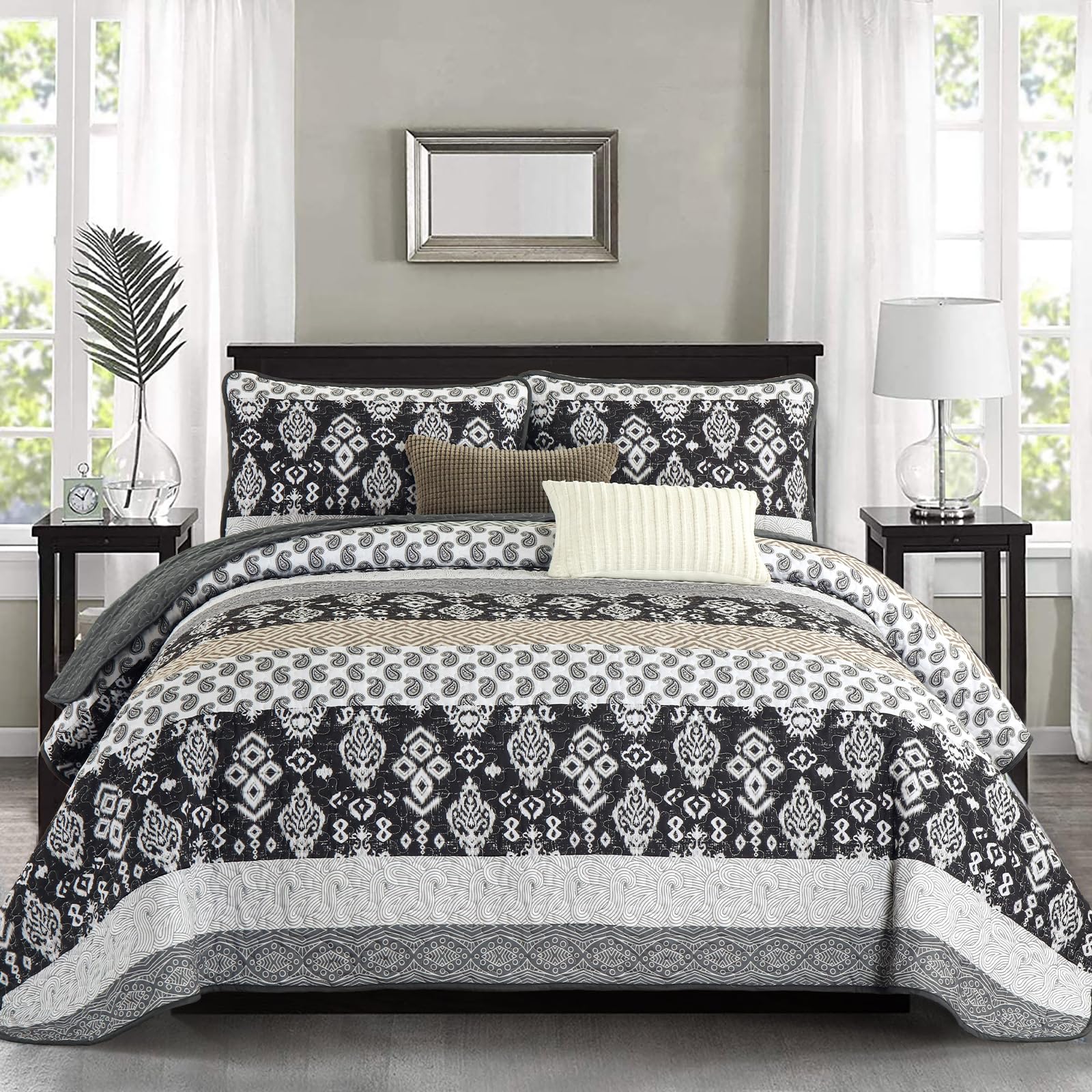 Amazon.com: Mybedsoul Boho Stripe Quilt Set Queen Size, 3 Pieces Black ...