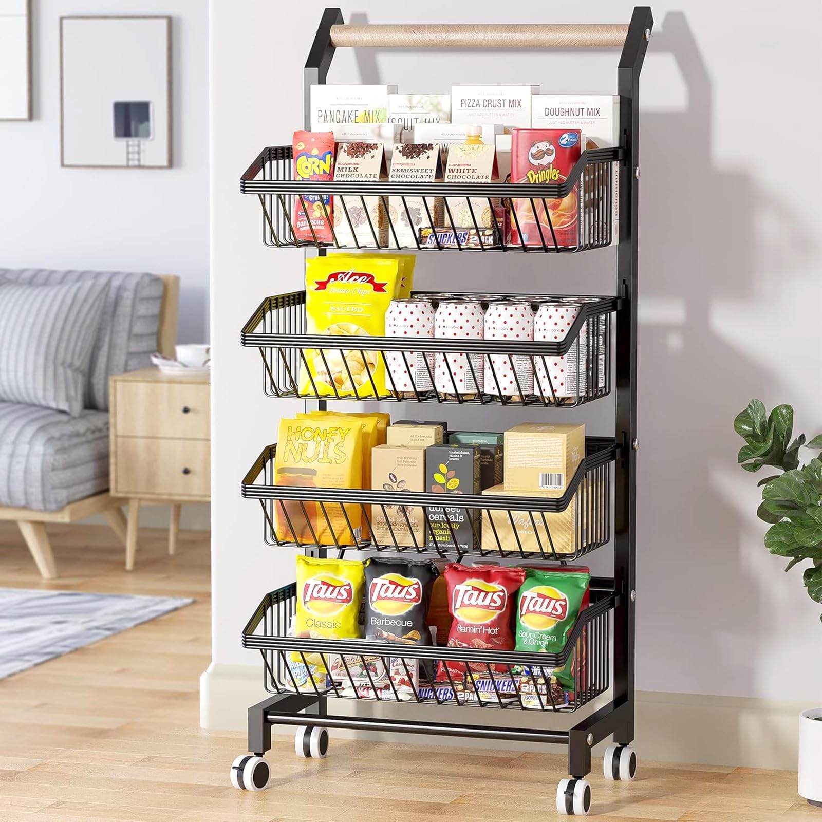 4-Tier Kitchen Trolley on Wheels with Solid Wood Handle, Vegetable Rack ...