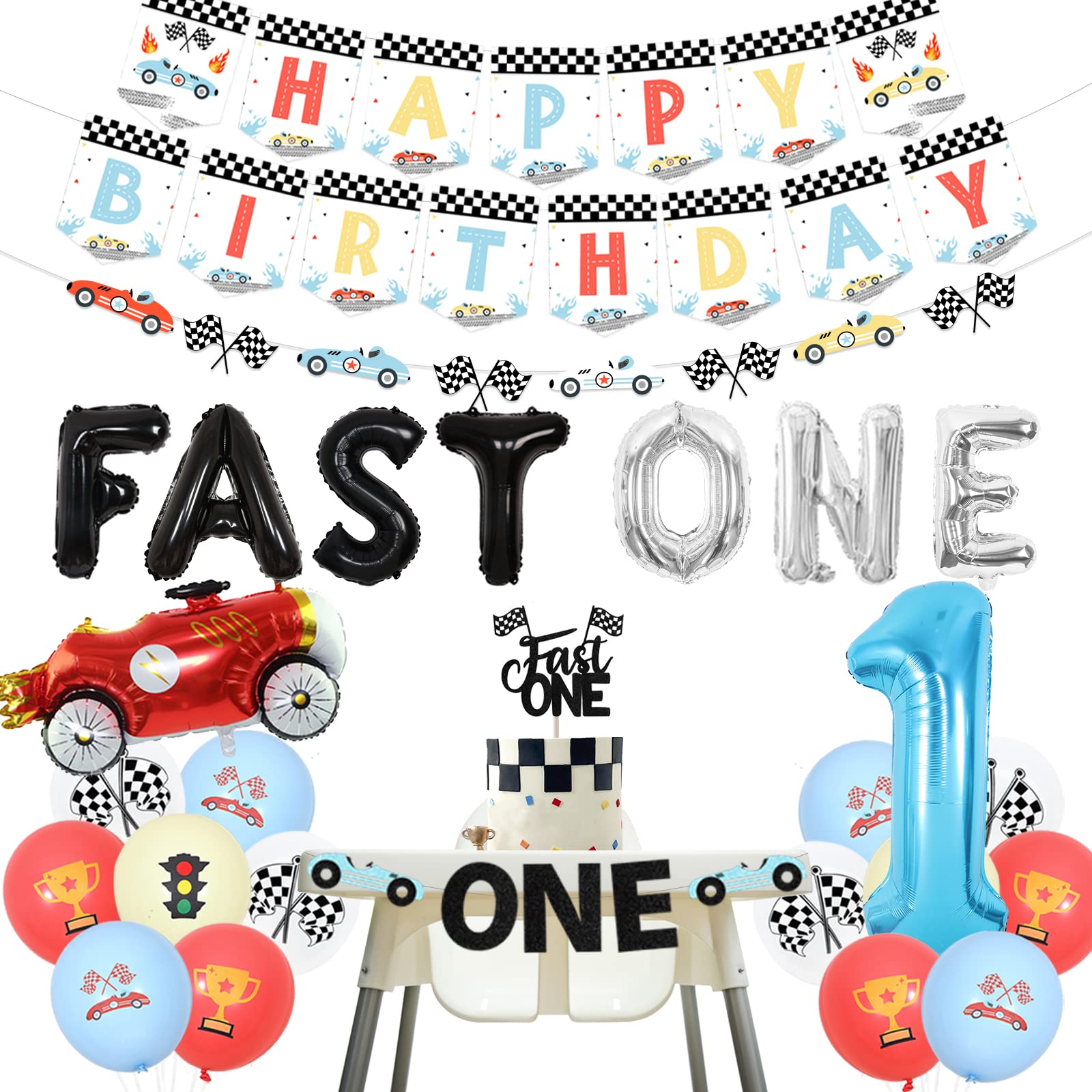 Buy Fast One Birthday Decorations Vintage Car Include Retro Pastel ...