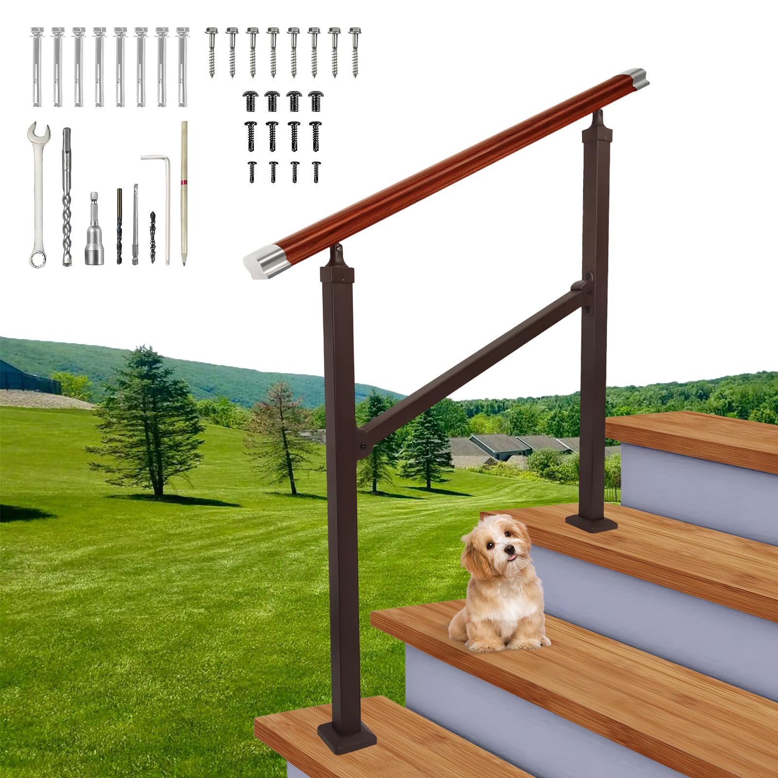Stair Railings for Outdoor Steps, Wood Brown Imitation Hand Rail, Porch ...