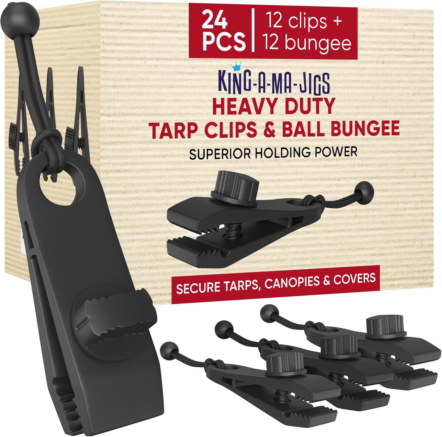 24 Pack - Tarp Clips Heavy Duty Lock Grip & Tarp Tie Downs Bungee Cords ...