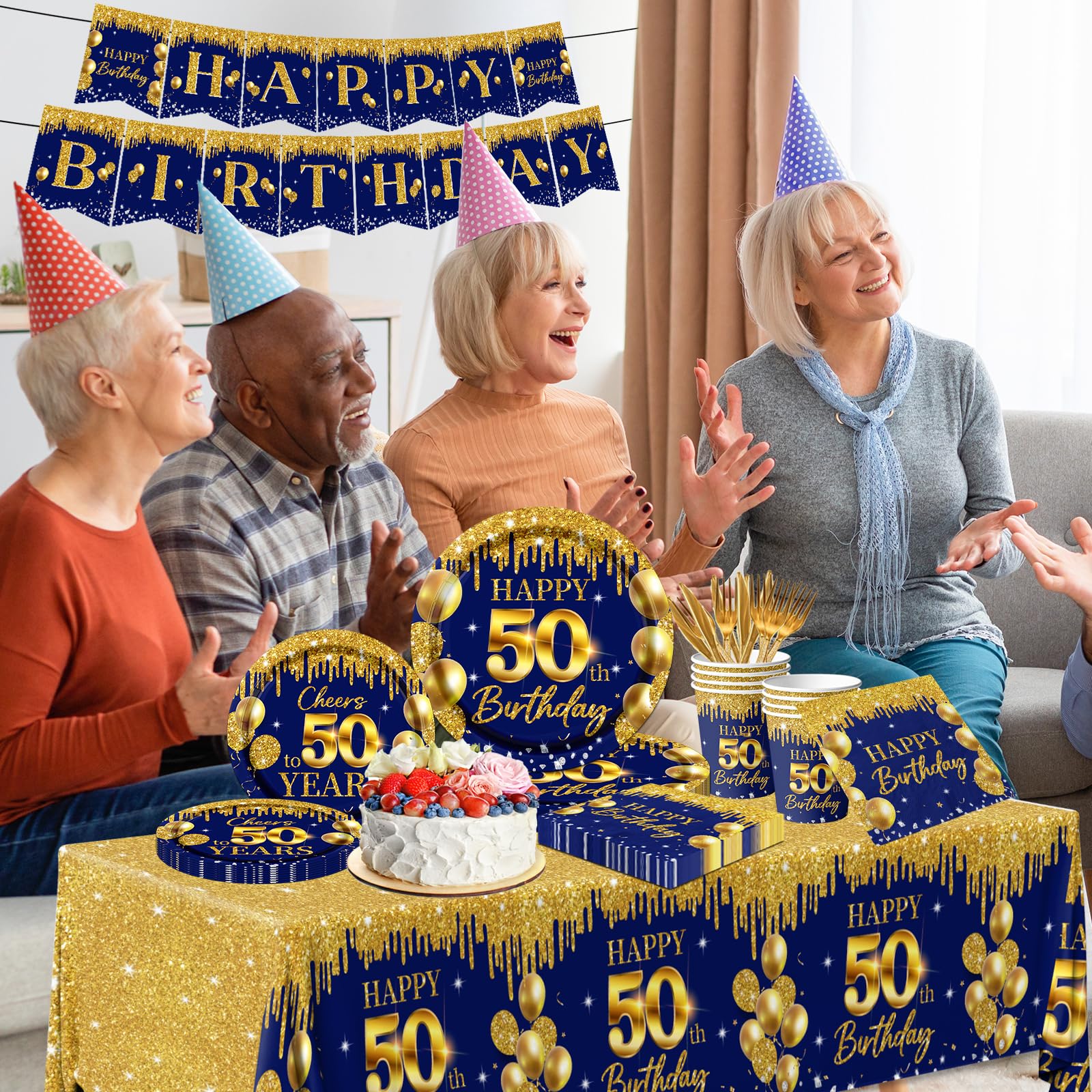 Snapklik.com : 50th Birthday Tableware Decoration Men 142pcs Navy Blue ...