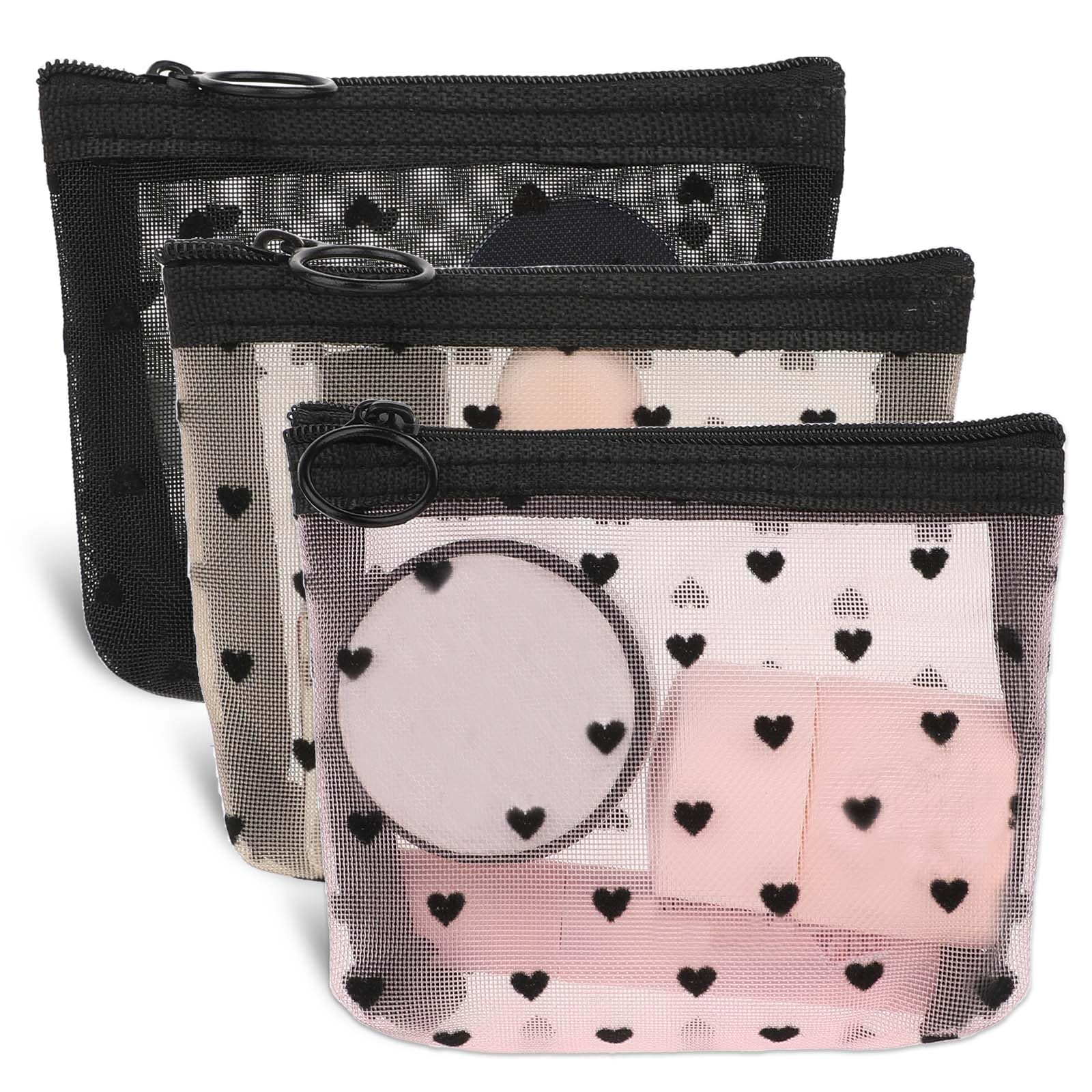Amazon.com: 3Pcs Mini Cosmetic Bags, Heart Print Mini Zipper Mesh Bags ...