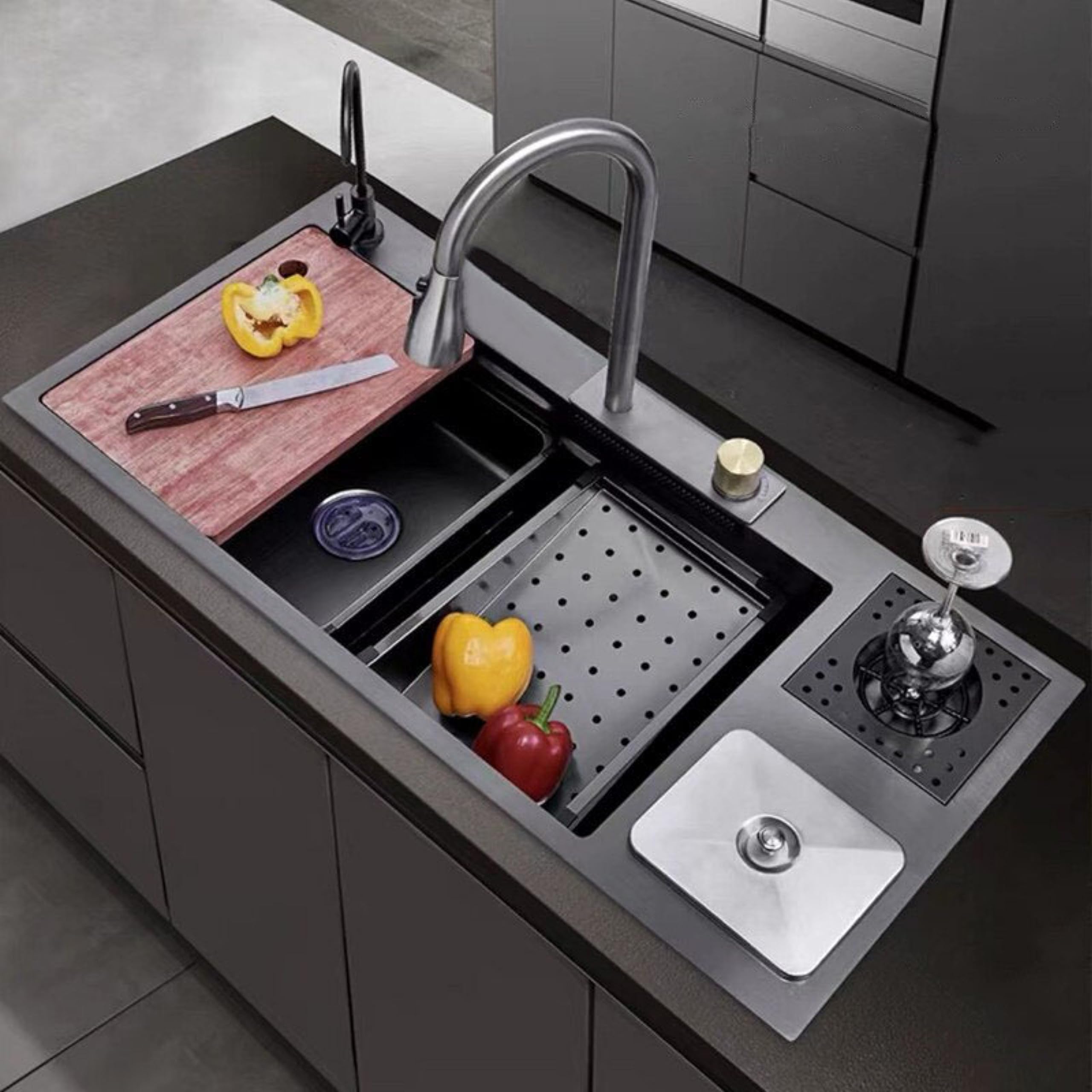 Fossa 37"x18"x10" Single Bowl With Dustbin Waterfall Kitchen Sink ...