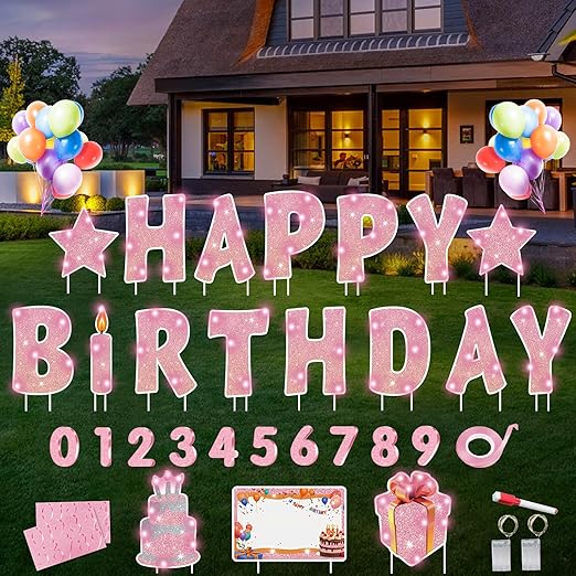 Amazon.com : Rtshuok 18 Pcs Happy Birthday Yard Sign with 32.8 ft Led ...
