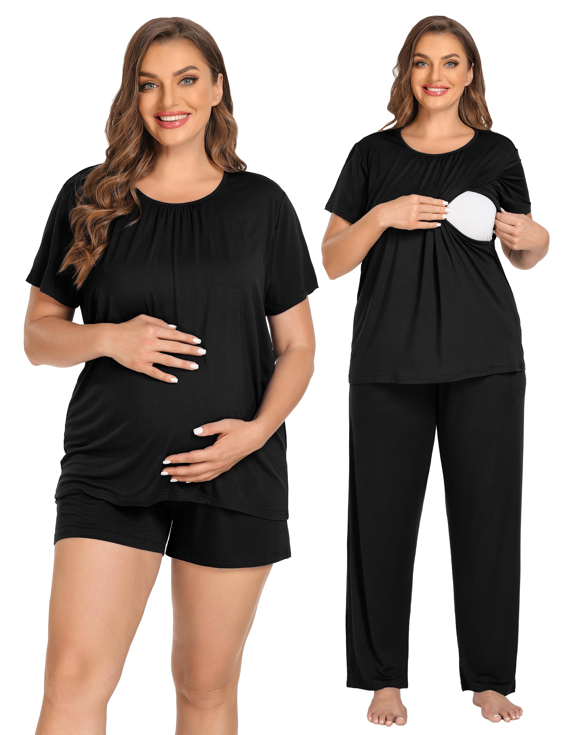SWOMOG Maternity Pajamas, Double Layer Nursing Pajama Set with Pockets ...