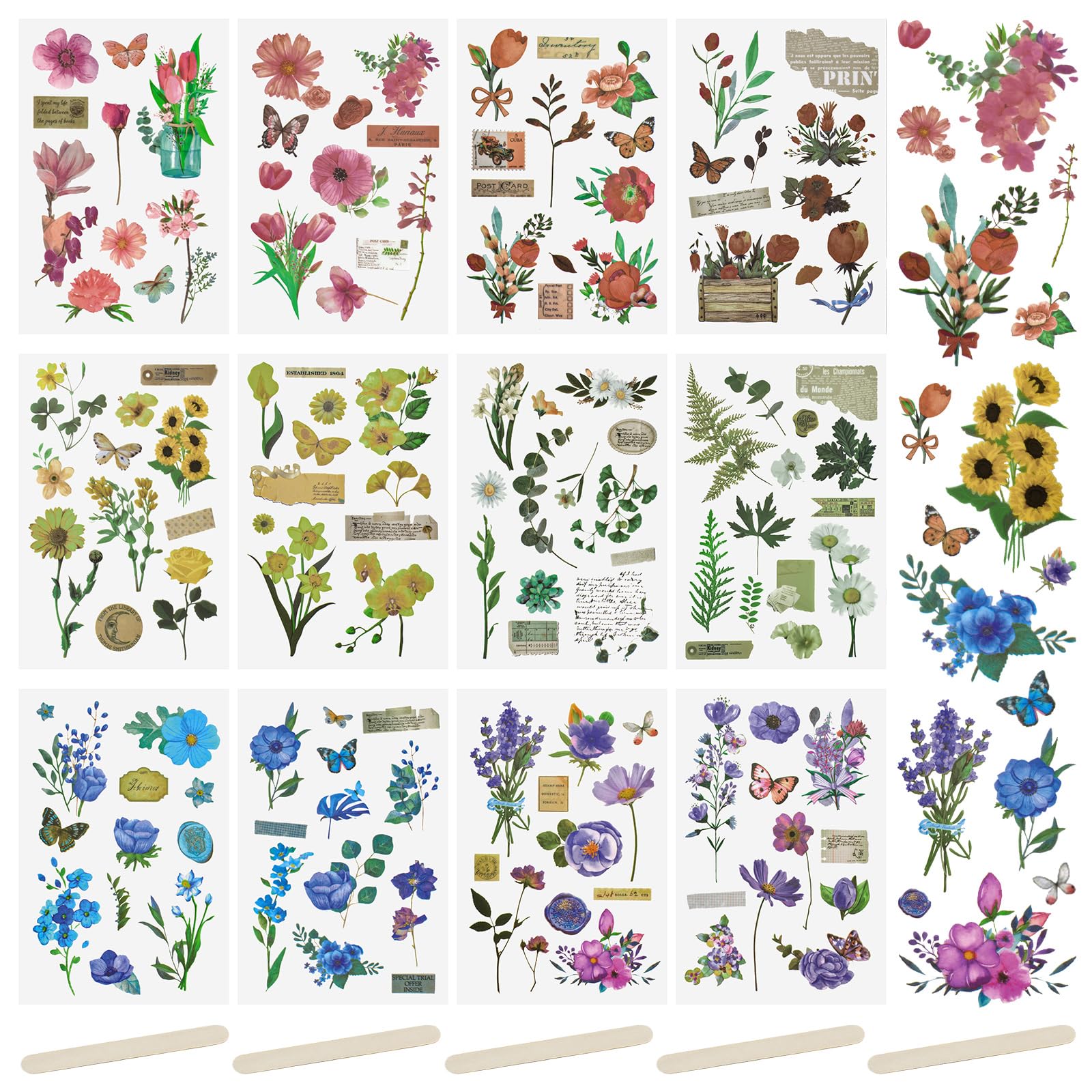 WANDIC Rub On Transfer Stickers Set, 6 Styles 12Pcs Art Plants Flowers ...