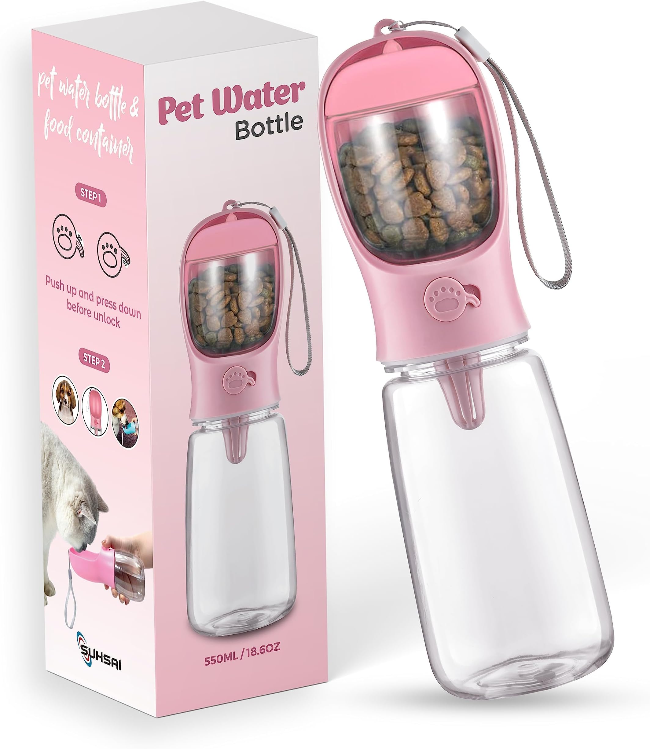 Pet Supplies : Suhsai Dog Water Bottle with Food Container 19 OZ ...