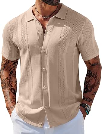 Amazon.com: COOFANDY Men's Knit Shirts Short Sleeve Button Down Polo Shirt Vintage Casual Beach ...