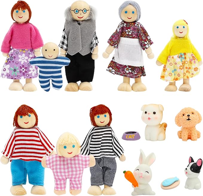 Amazon.com: ONEST 15 Pieces Wooden Dollhouse Family Set Mini People ...