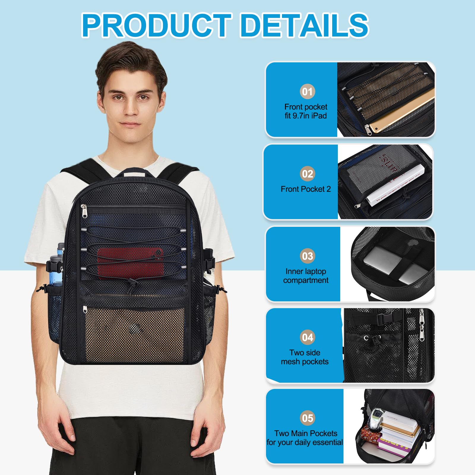 Snapklik.com : Busiuw Heavy Duty Mesh Backpacks For School, Black Mesh ...