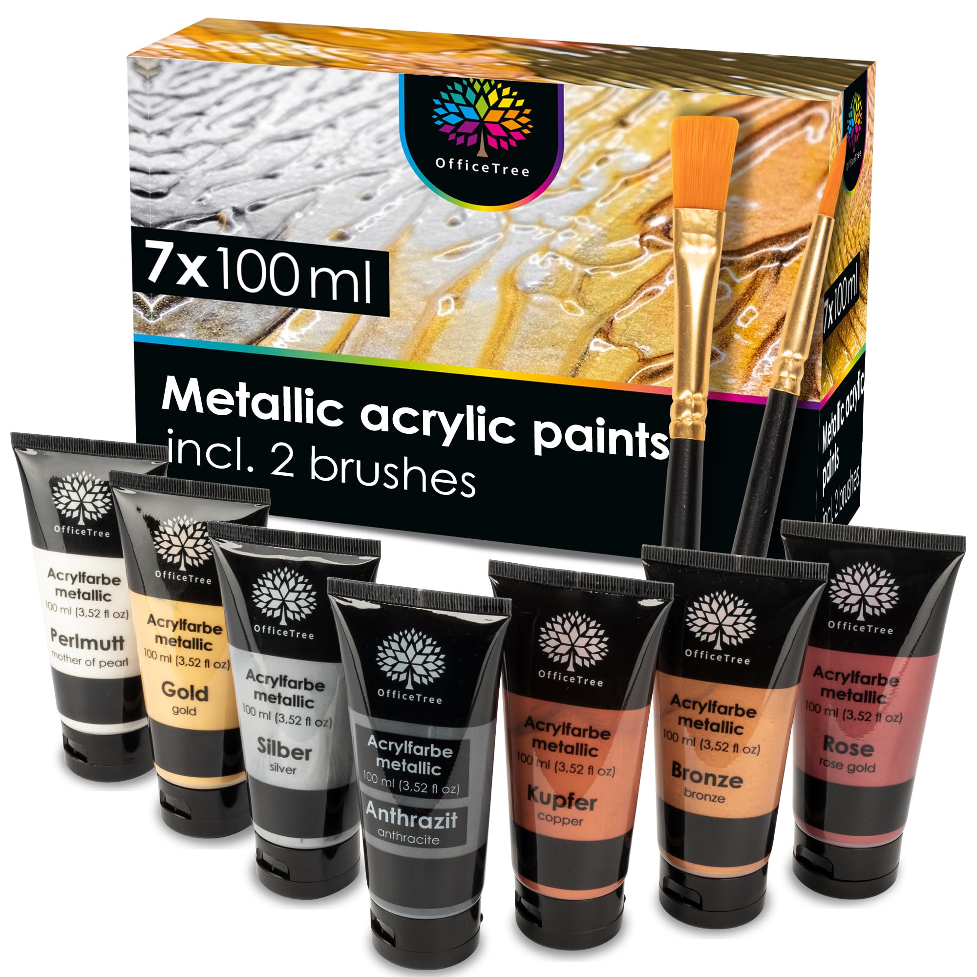 OfficeTree 7x 100ml Metallic Acrylic Paints Set - Acrylic Metallic ...