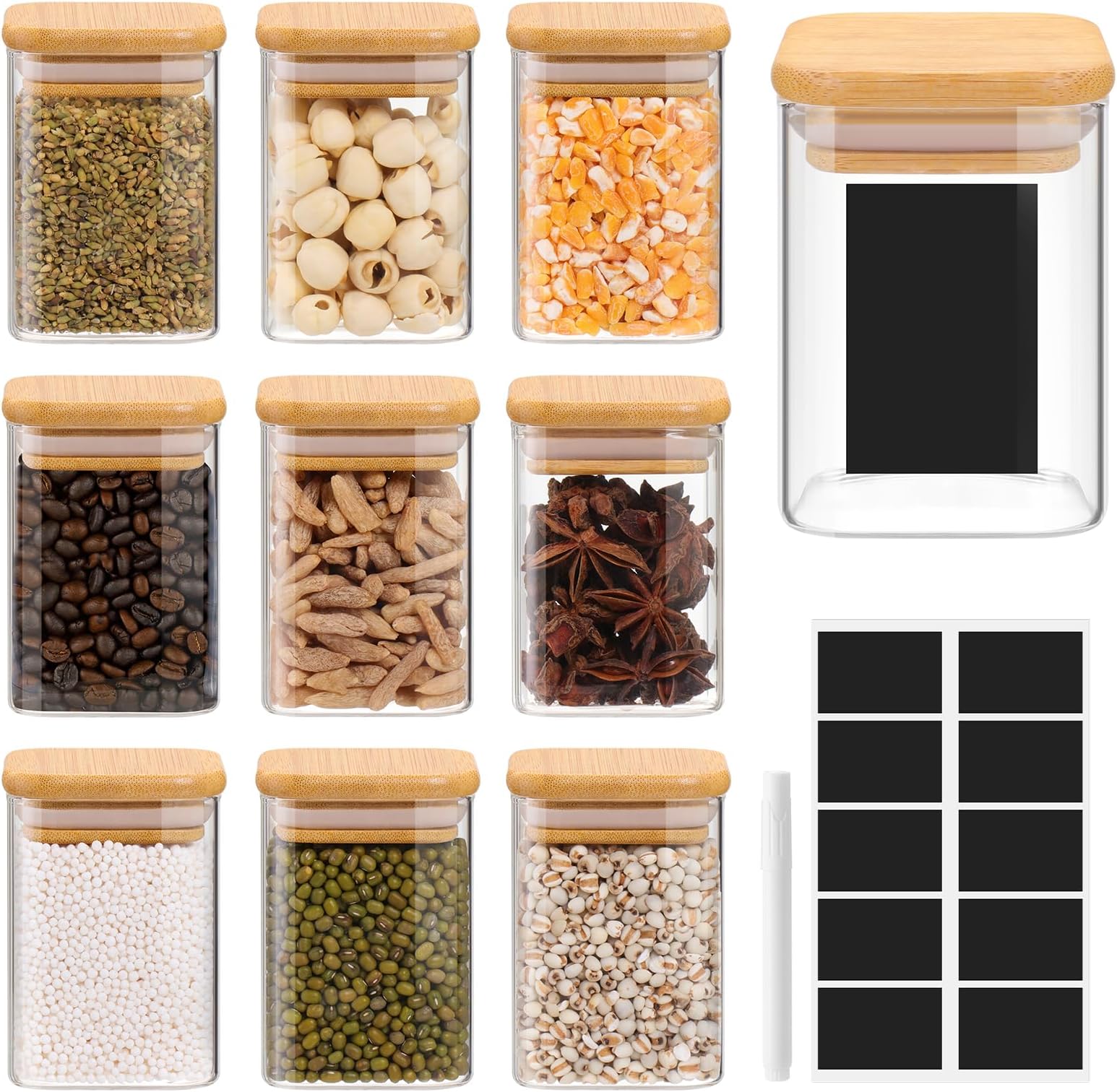 Amazon.com: Glass Spice Jars with Bamboo Lids - 9 Oz Small Square ...
