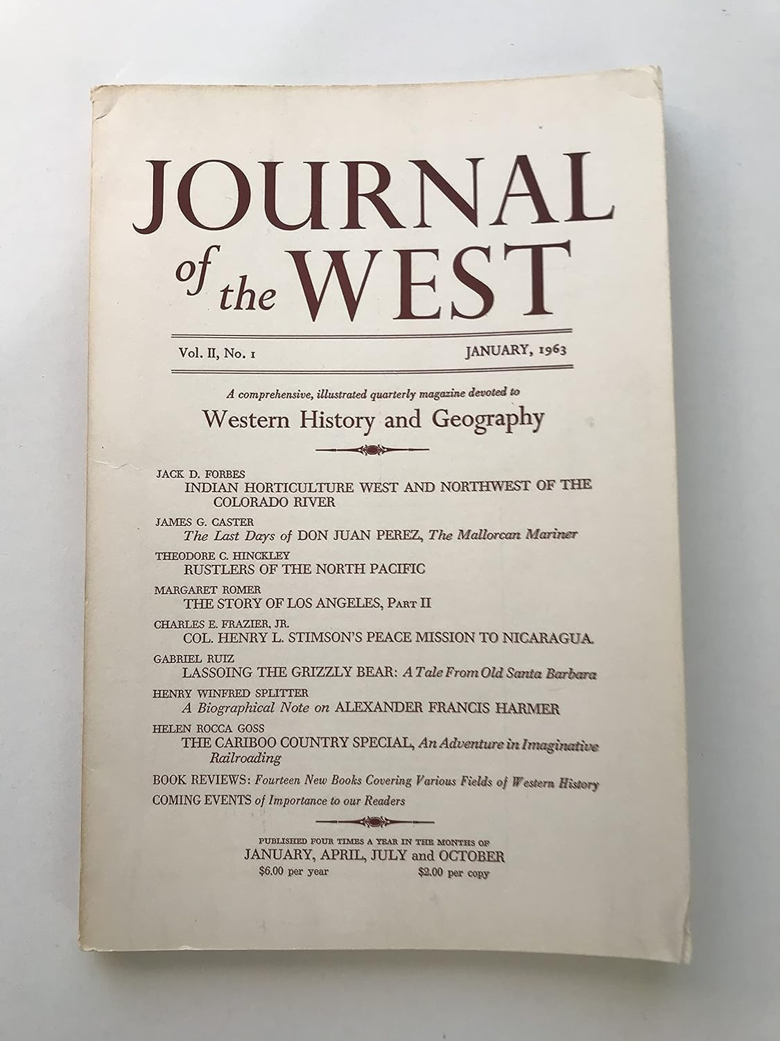 Journal of the West: Vol. II, No. 1, January, 1963: Lorrin L. & Carroll ...