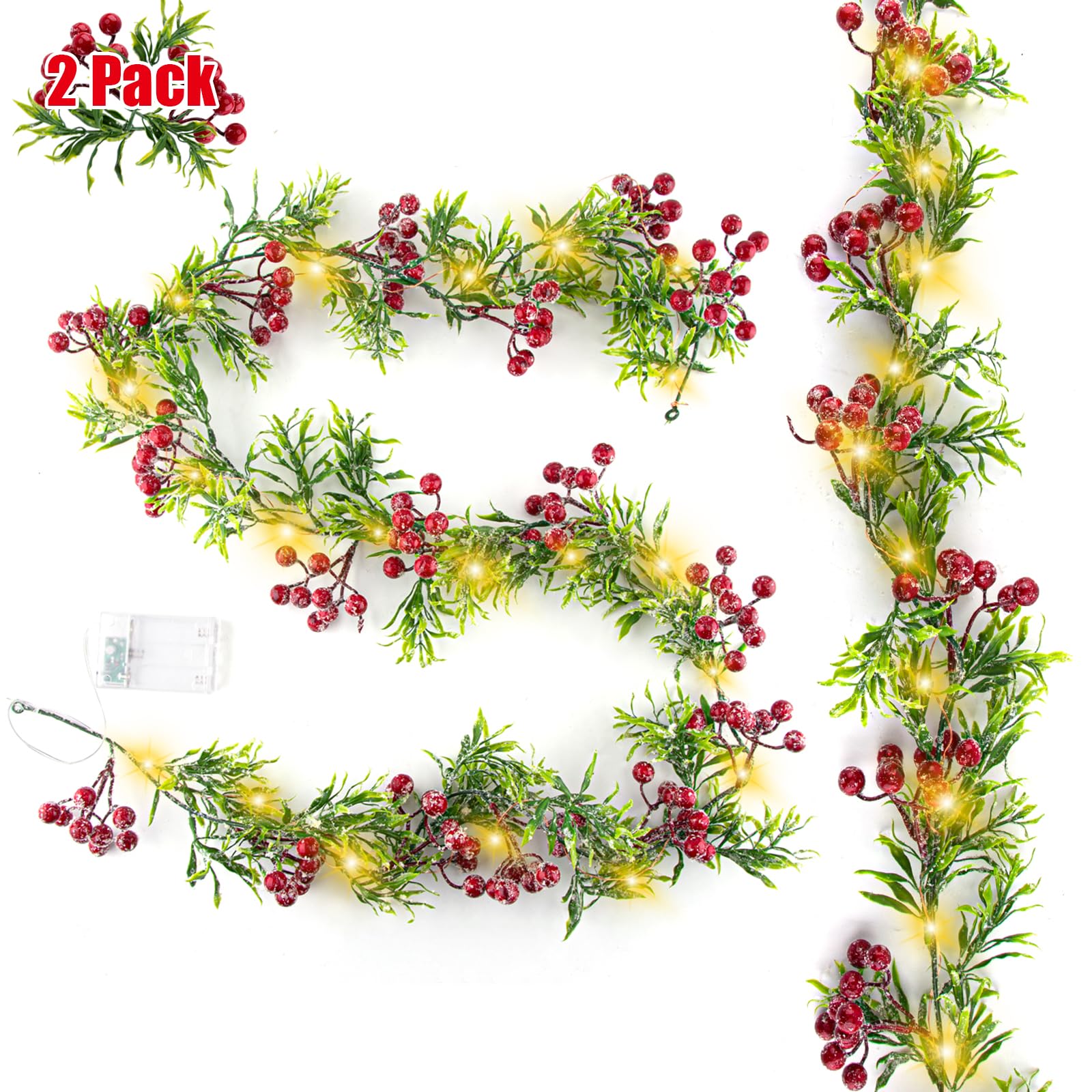 2 Pack Christmas Garland String Lights, 5.9Ft Long with Red Berries ...