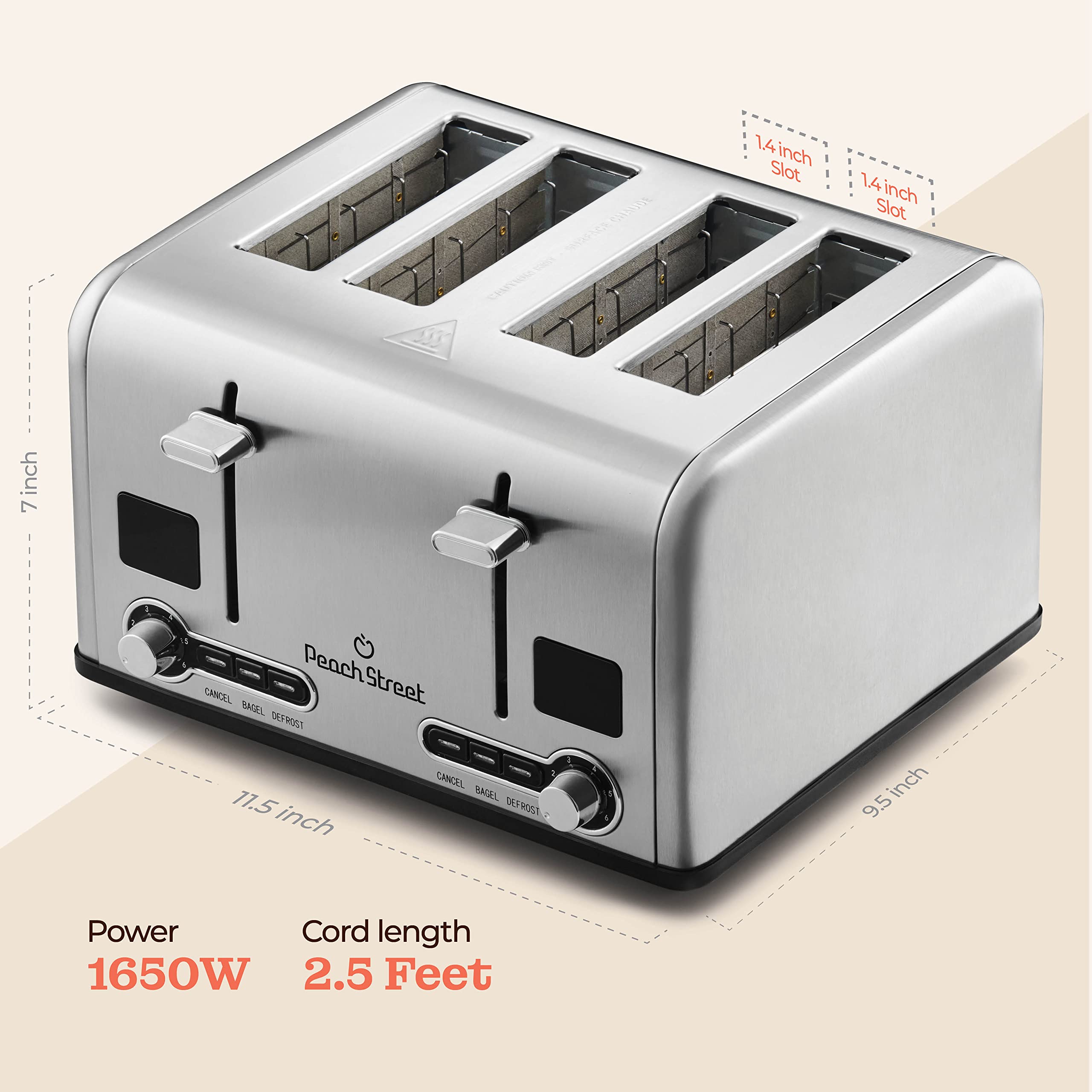 Peach Street Slice Toaster Compact Bread Toaster with Digital Countdown ...