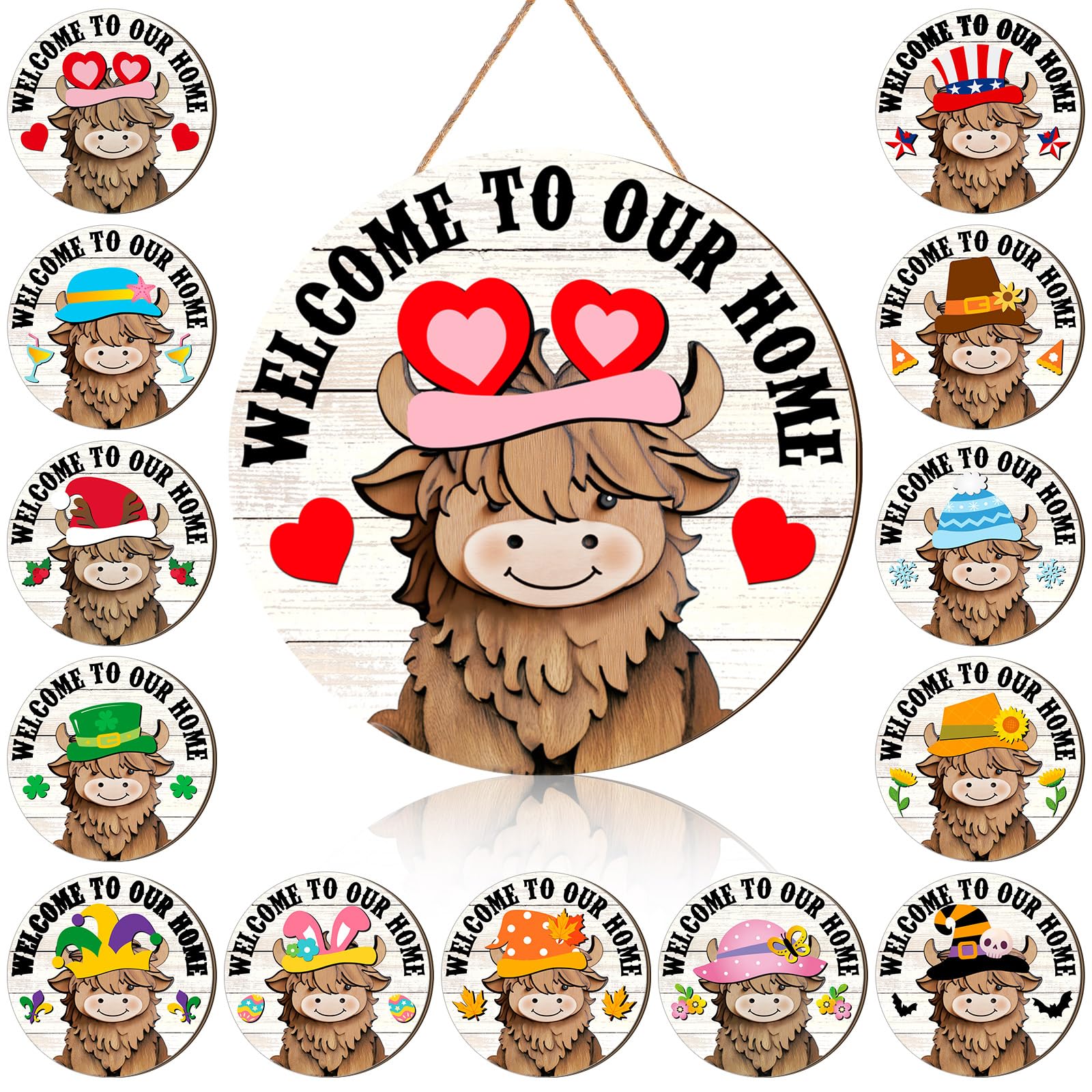 Amazon.com: Yalikop 13 Set Interchangeable Highland Cow Wooden Signs 11 ...