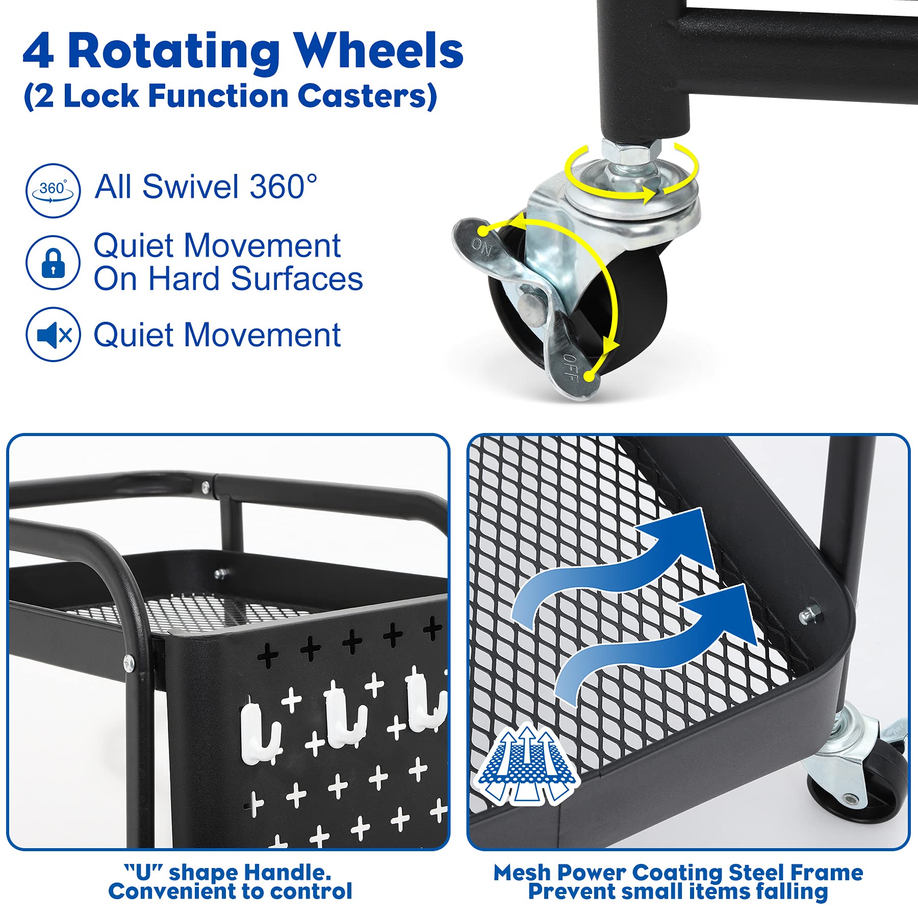 Buy 3 Tier Rolling Utility Cart, Storage Shelves with Lockable Wheels ...