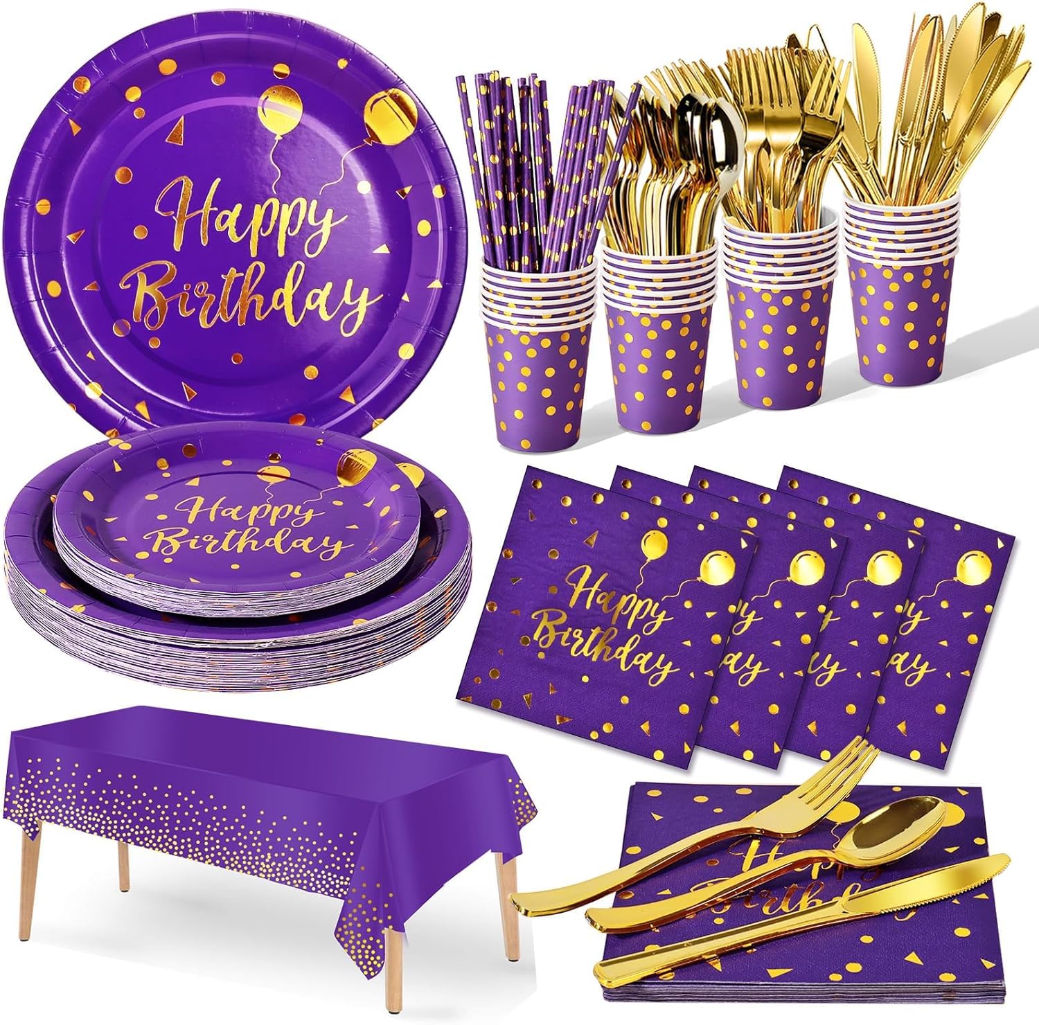 Amazon.com: Nkaiso Birthday Party Tableware, 161 Pieces Purple Gold ...