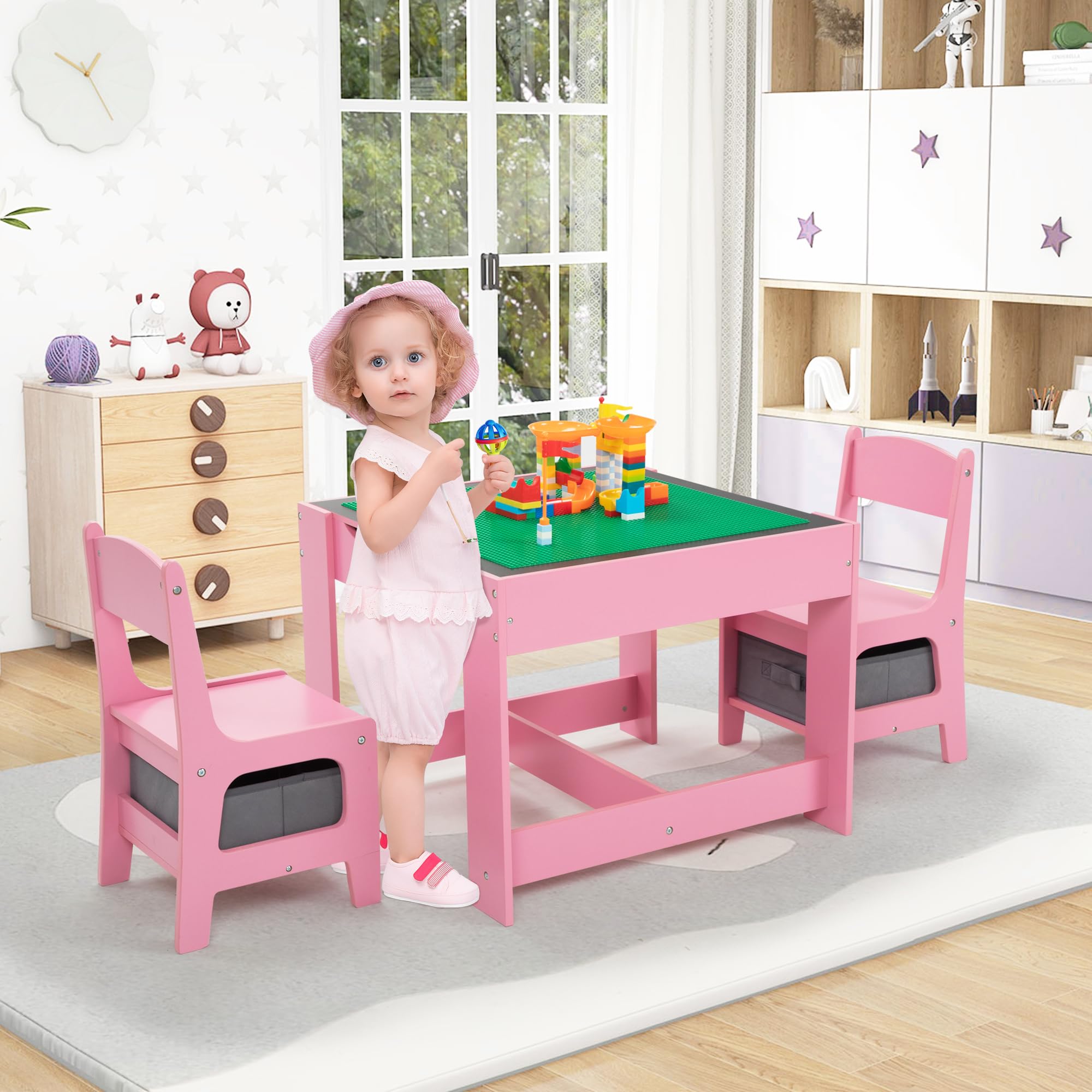 Amazon.com: Nyeekoy Wooden Kids Table and Chair Set, 3 in 1 Kids Dining ...