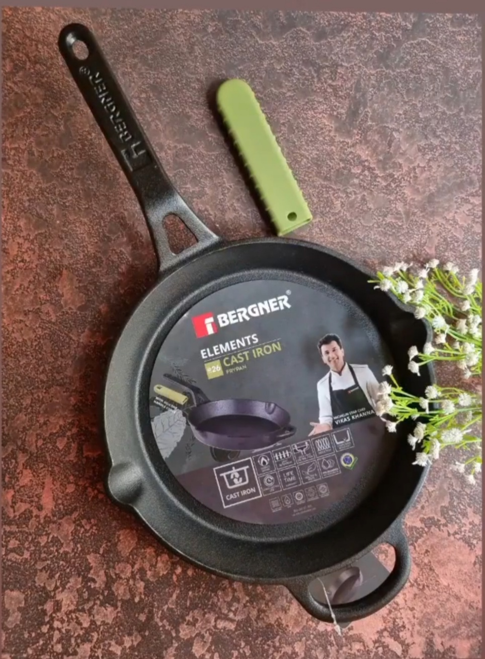 Buy Bergner Elements Cast Iron 26 cm Fry Pan, Pre-Seasoned, For Searing ...