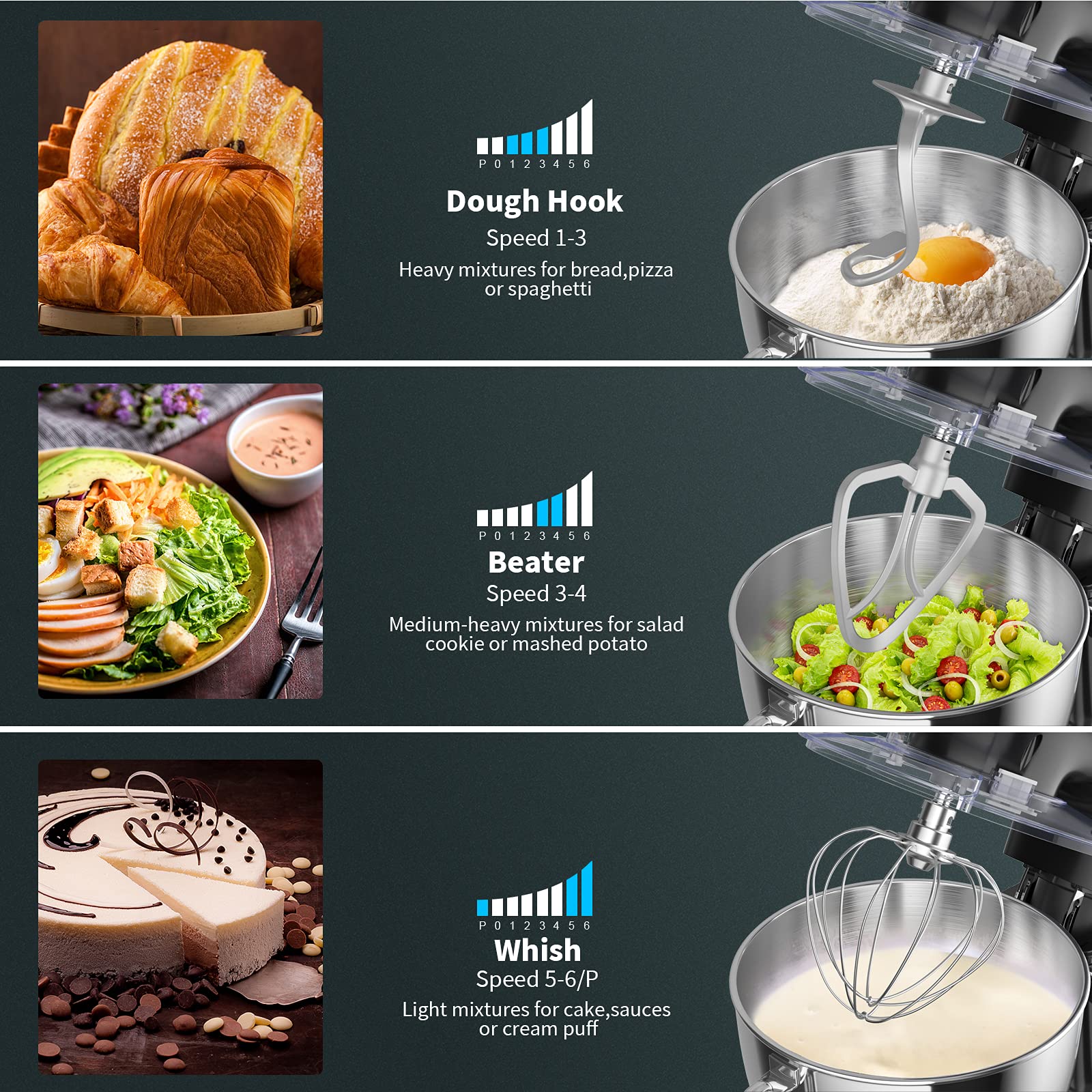 Stand Mixer, 8.5Qt Tilt-Head Food Mixer 660W 6+P Speed Kitchen Stand up ...