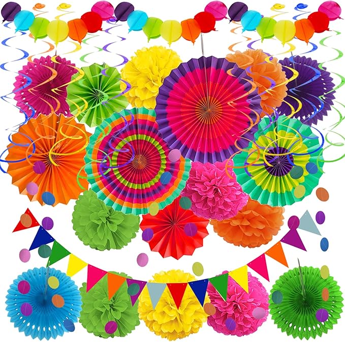 Amazon.com: Recosis Fiesta Party Decorations, Multicoloured Paper Fans Pompoms Paper Balloon ...