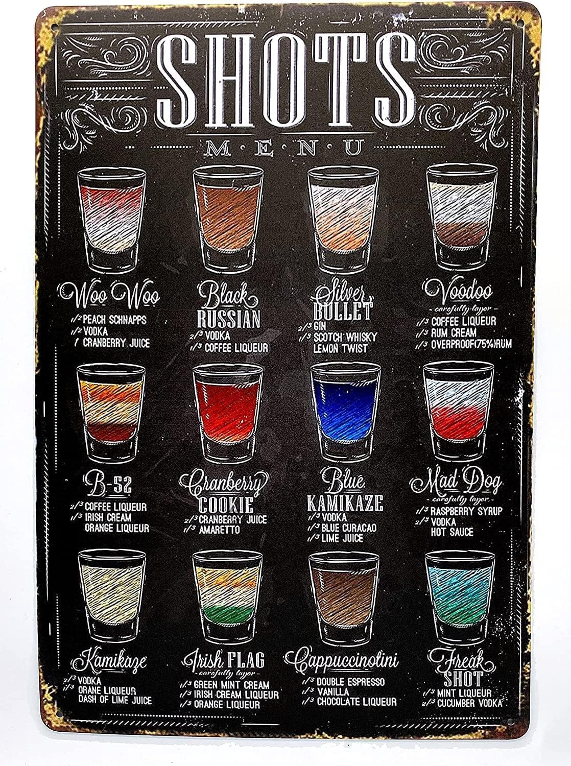 Shots Menu Retro Bar Tin Sign Poster Metal Man Cave Decor Wall Art Pub ...