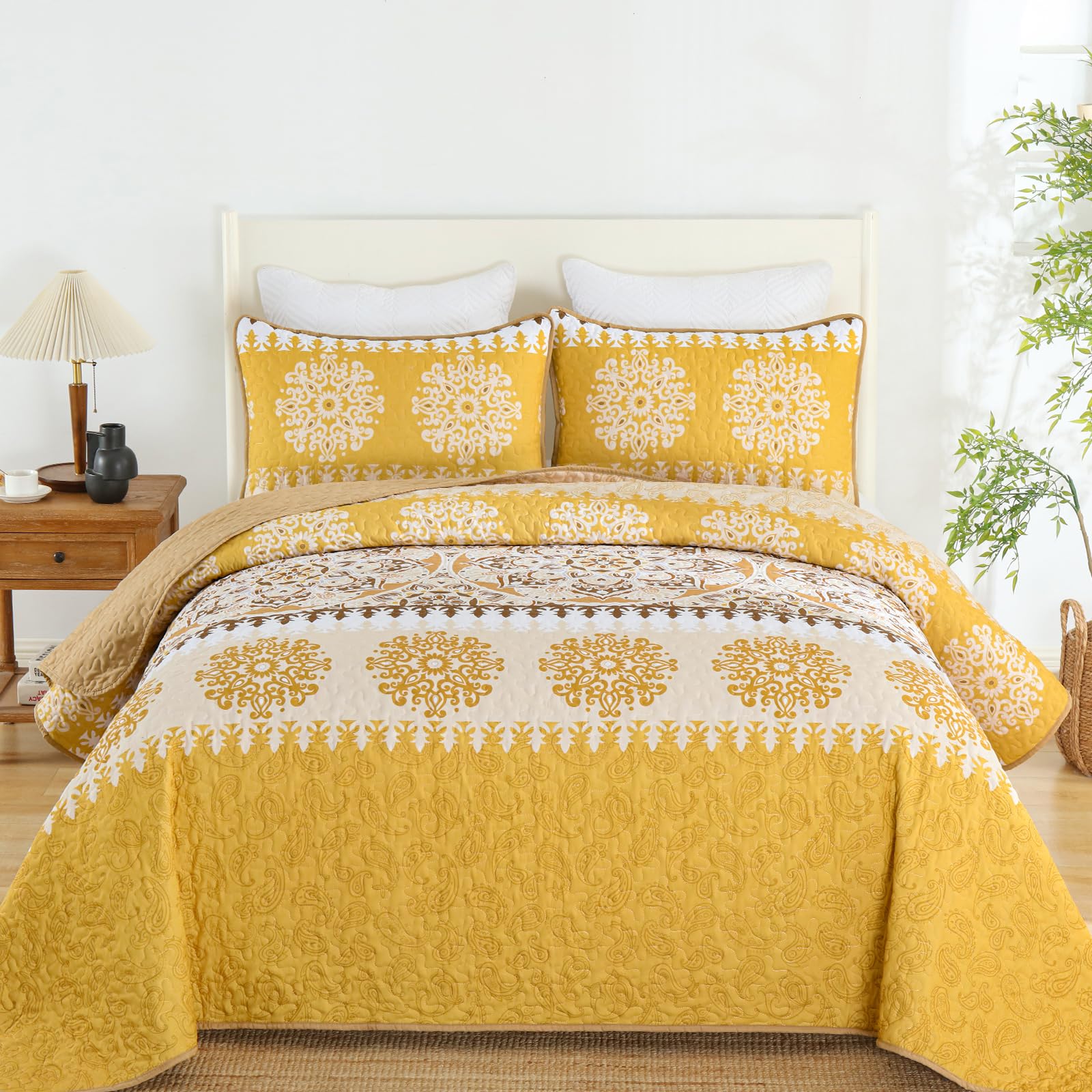 Amazon.com: Xruibed Boho Quilt Set Queen Yellow Bohemian Stripe Pattern ...