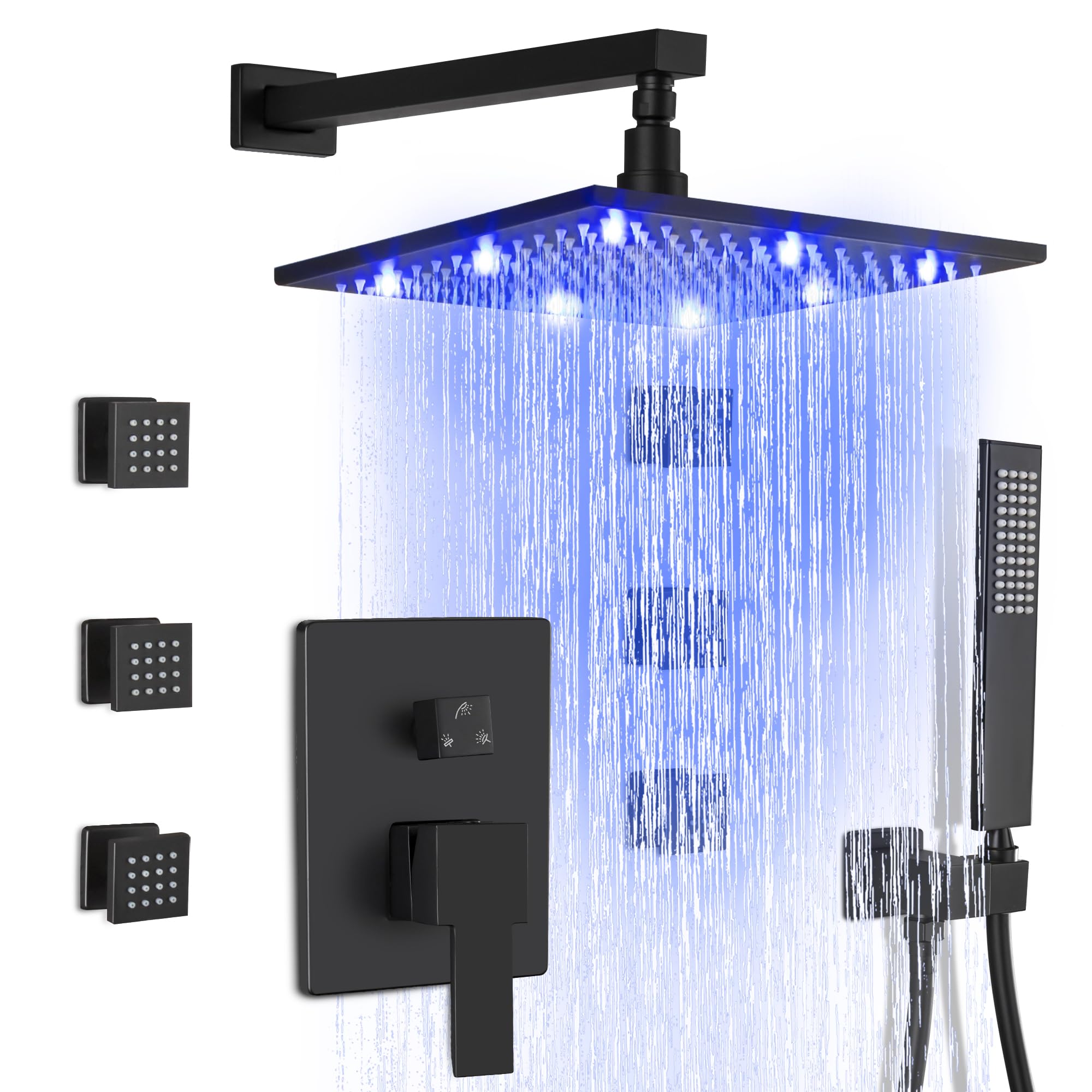 Buy SKOWLL Matte Black Shower Head LED Shower Faucet Set 3 Funtion Wall ...
