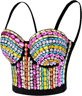 Amazon.com: atokiss Women's Rhinestone Sparkle Gemstone Push Up Bustier Crop Top Sexy Mesh ...