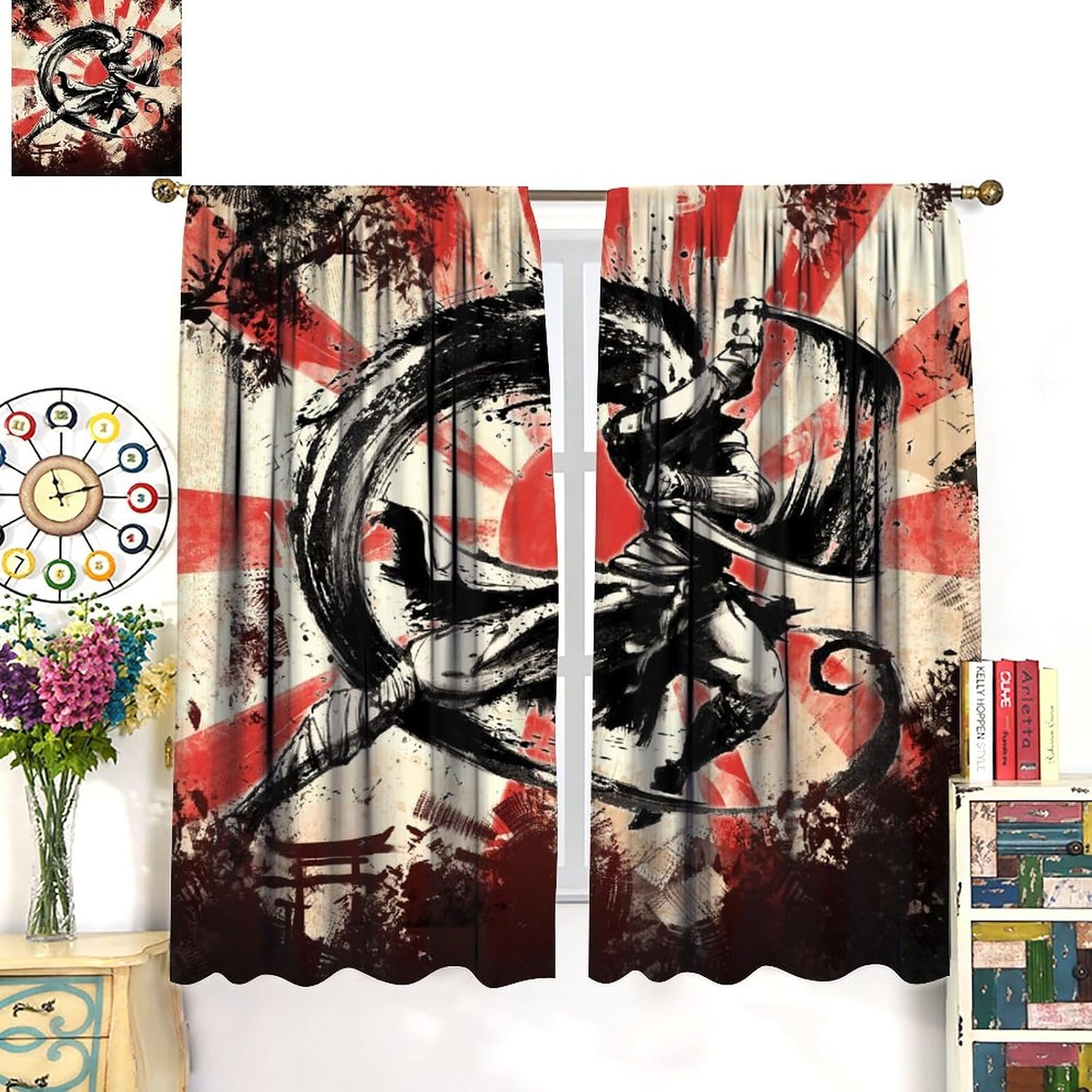 Japanese Anime Curtains Ink Painting Samurai Room Decor Window Drapes ...