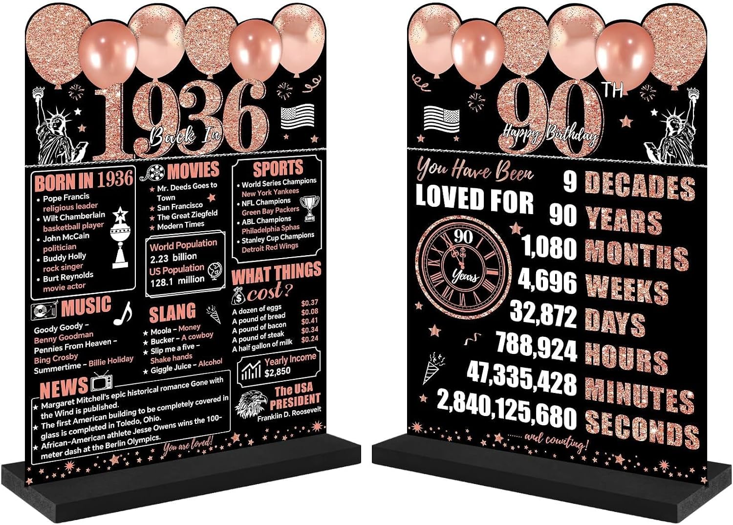 Amazon.com: Guiruiy Rose Gold 90th Birthday Decorations for Women, Two ...
