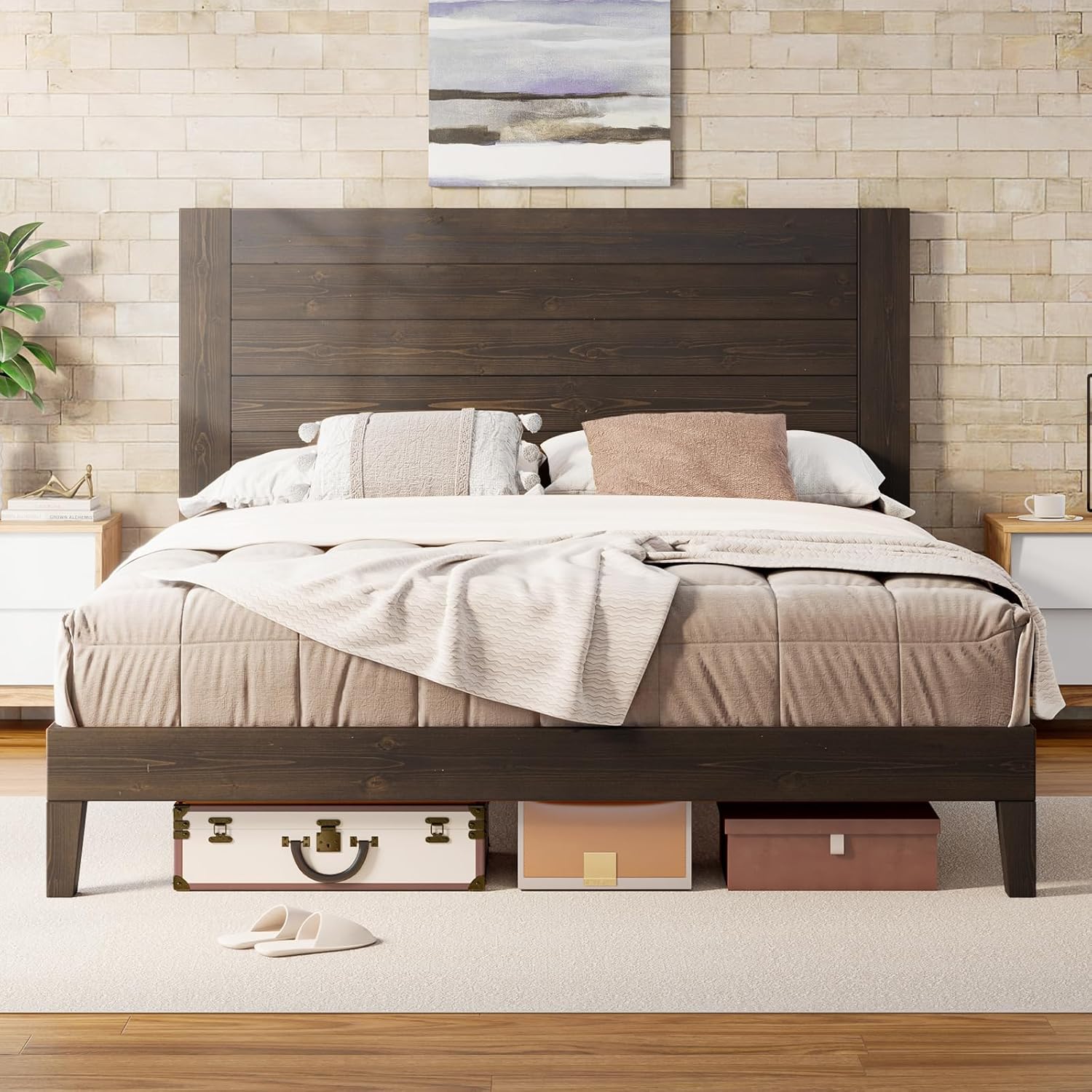 Amazon.com: AMERLIFE Queen Size Solid Wood Bed Frame, Mid-Century ...