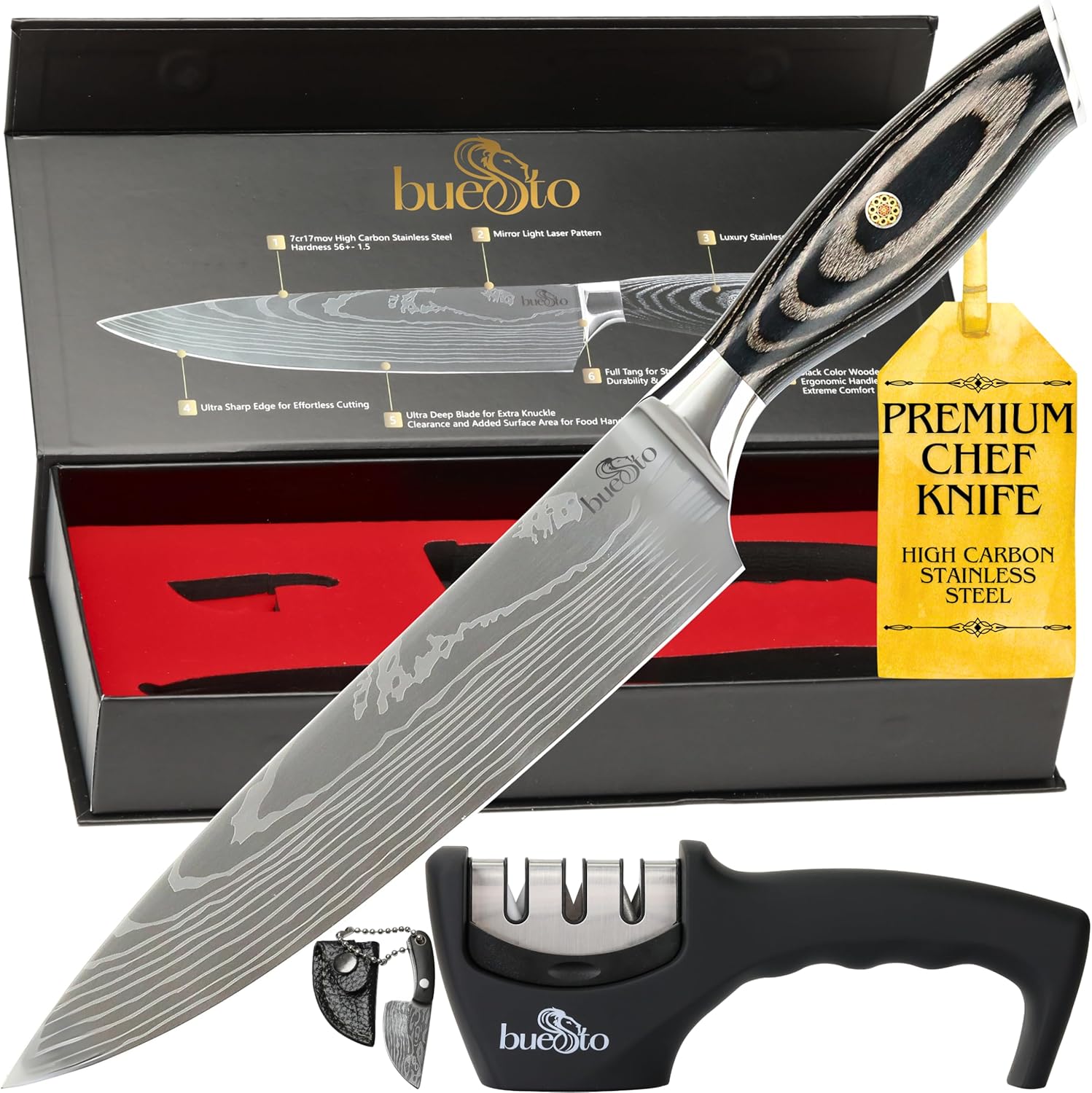BUESTO Chef Knife and 3-Stage Knife Sharpener - 8 inch Ultra Sharp ...