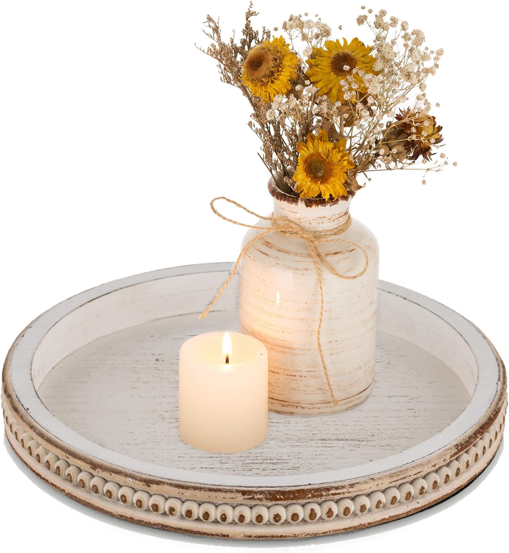 Farmhouse Wood Tray Decor Candle Holder - Romadedi Bead Round Wooden ...