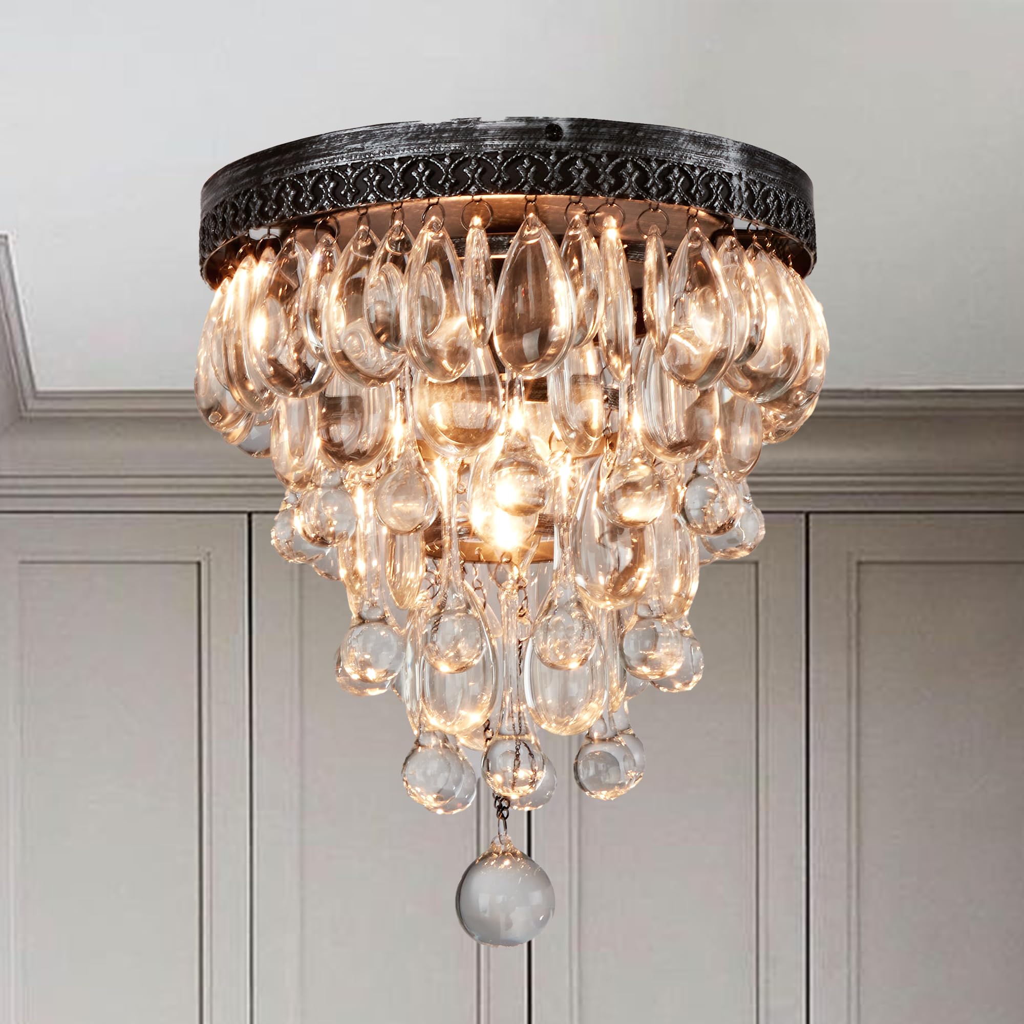 Vintage Crystal Raindrop Flush Mount, Luxury 9 Inch Diam Hand-Polished ...