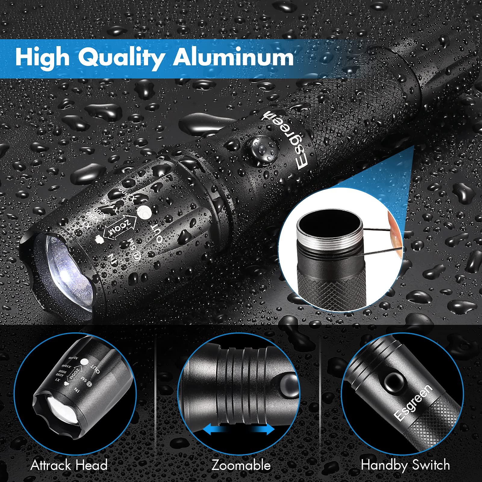 Rechargeable Tactical Flashlight LED High Lumens, Esgreen Super Bright ...