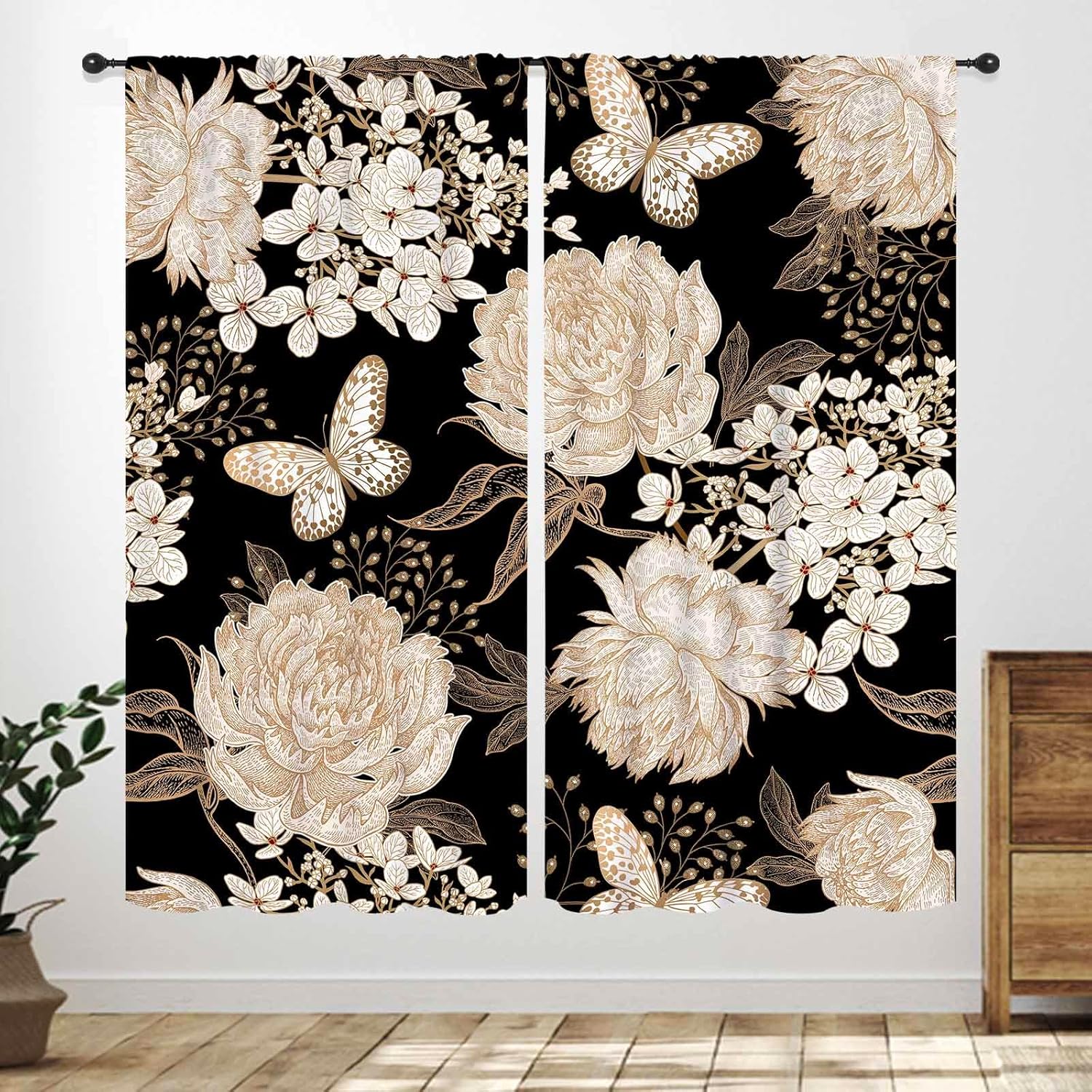 Amazon.com: Boho Flower Bedroom Curtains,Vintage Black Gold Roses ...