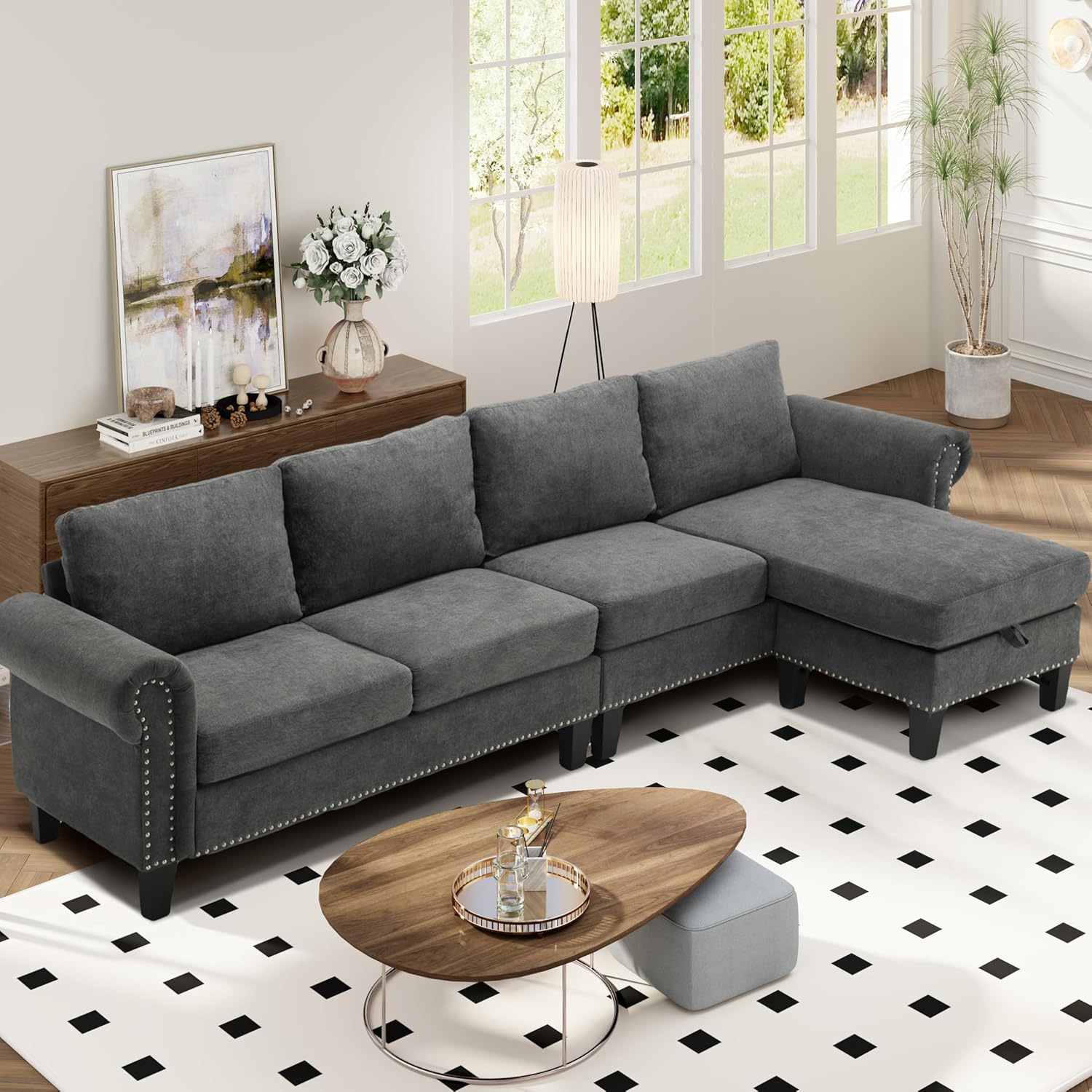 Amazon.com: UBGO Modern L-Shaped Linen Sofa, 6 Seater Sectional Couch ...