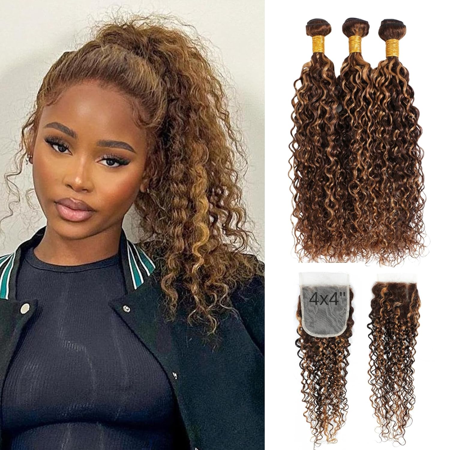 Amazon.com: MOMOSHERO 10A Water Wave Highlight Honey Blonde Bundles With 4x4 HD Lace Closure ...