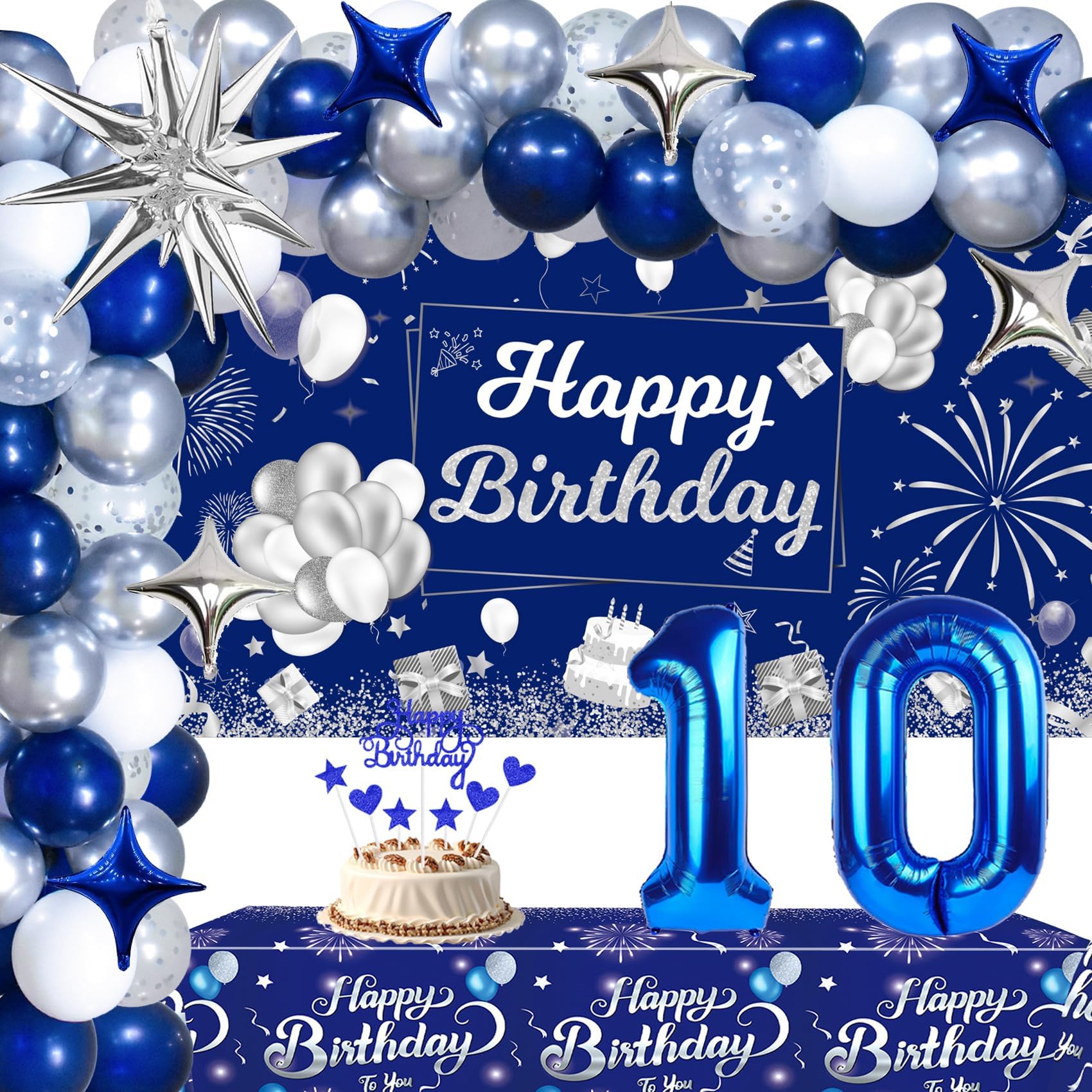 Amazon.com: Blue 10th Birthday Decorations for Boys Girls, 10th Silver ...