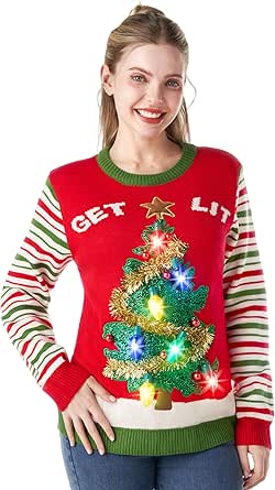 Amazon.com: Womens LED Light Up Get Lit Christmas Tree Ugly Christmas ...