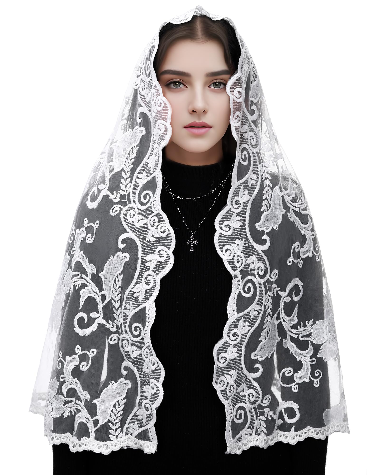 Mantveil Lace Mantilla Chapel Veil: Long D Shaped White Flower ...