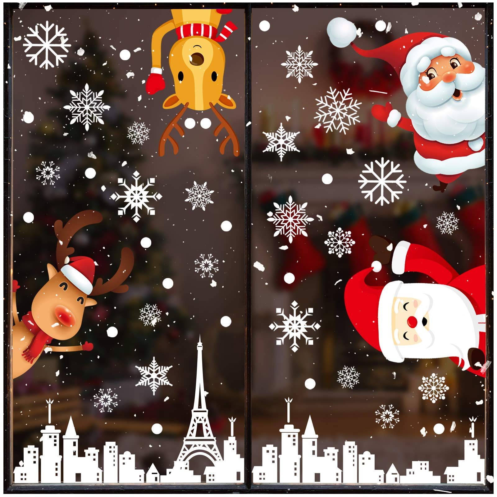 Aldmio Christmas Window Decals White Snowflakes Castle Silhouette Santa ...