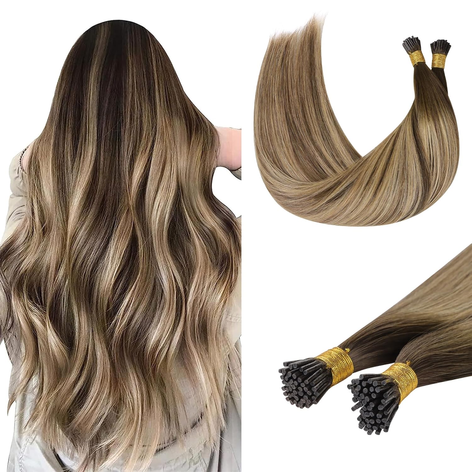 Amazon.com : DOORES I Tip Hair Extensions Human Hair, Balayage ...