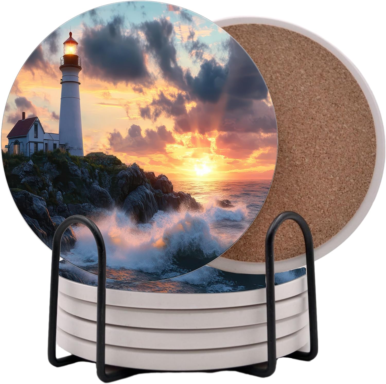 Amazon.com: Lighthouse Beach Coastal Shore Round Coasters Set of 6 ...