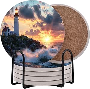 Amazon.com: Lighthouse Beach Coastal Shore Round Coasters Set of 6 ...